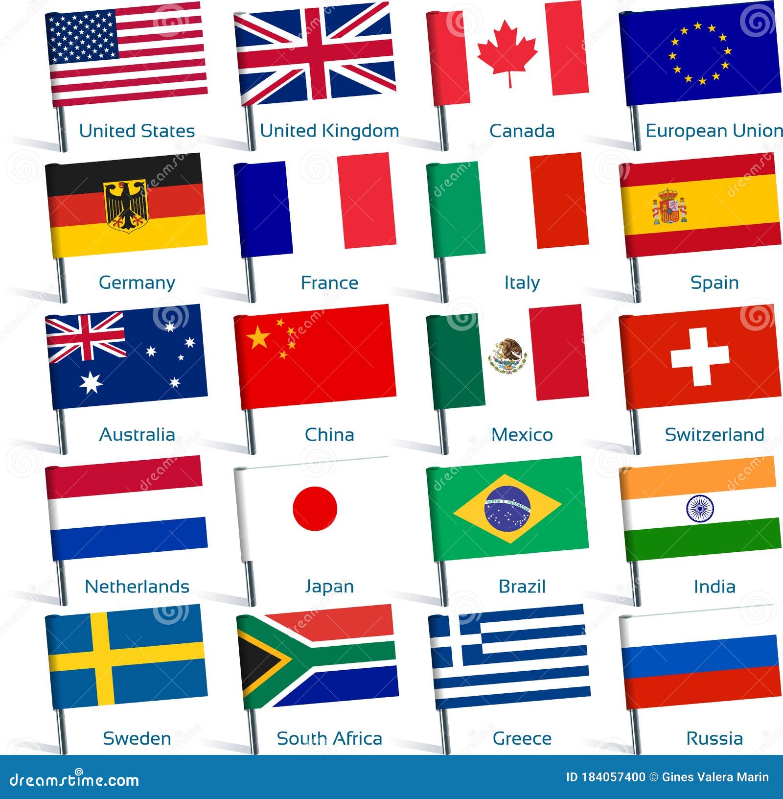 Set of Twenty Flags in Shape of Pins. Popular Countries Stock ...