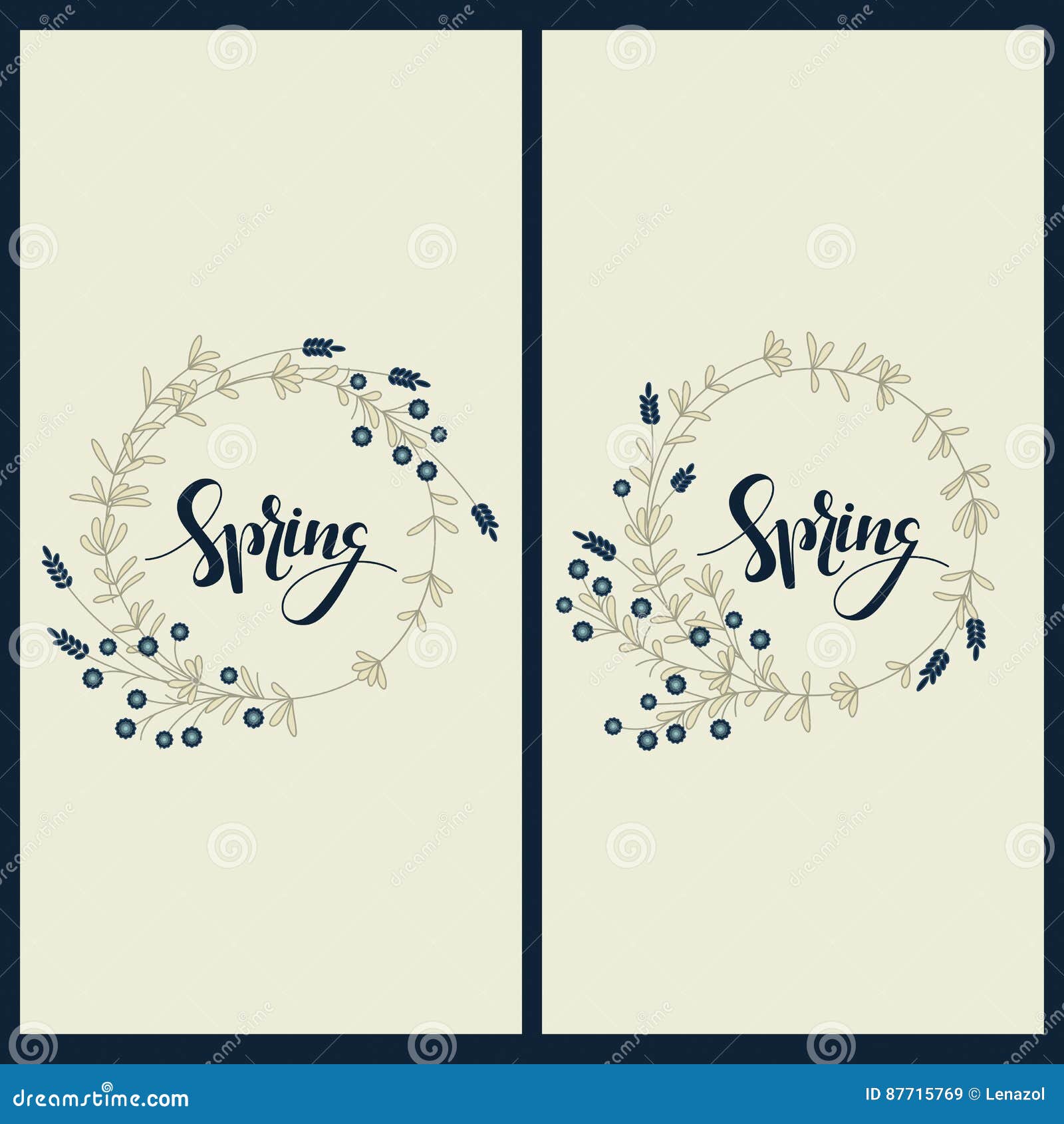 Set with Two Cards with Hand Drawn Word Spring in Floral Circle Frames ...