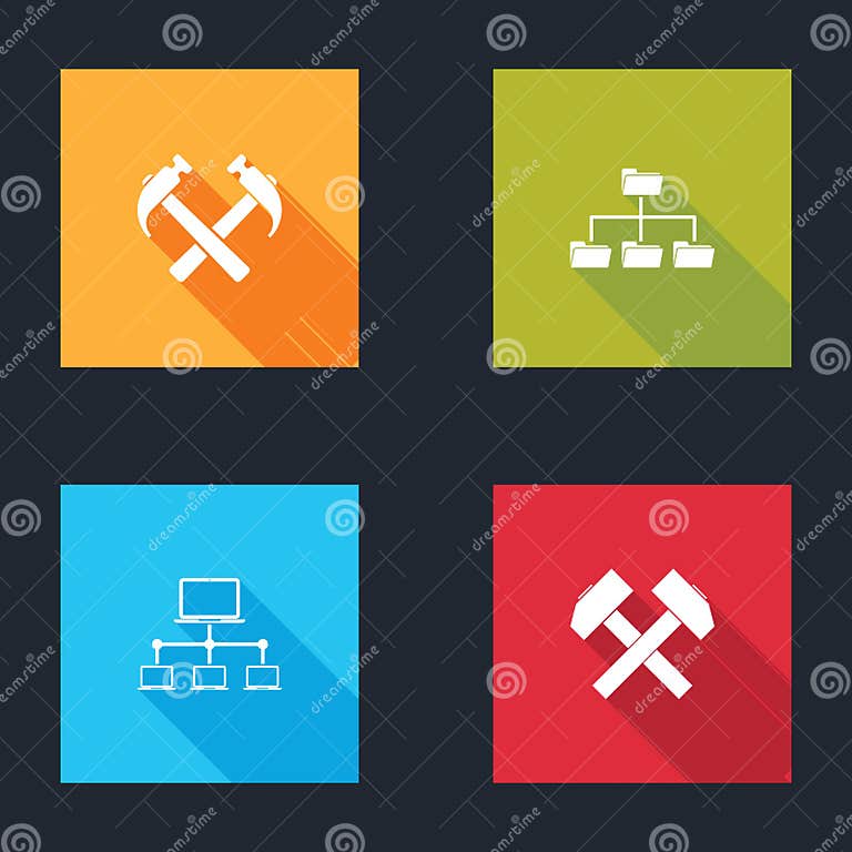Set Two Crossed Hammers, Folder Tree, Computer Network and Icon. Vector ...