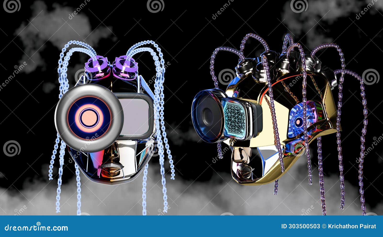 Set of Two Different Angles Robot Head on Black Background. from the ...