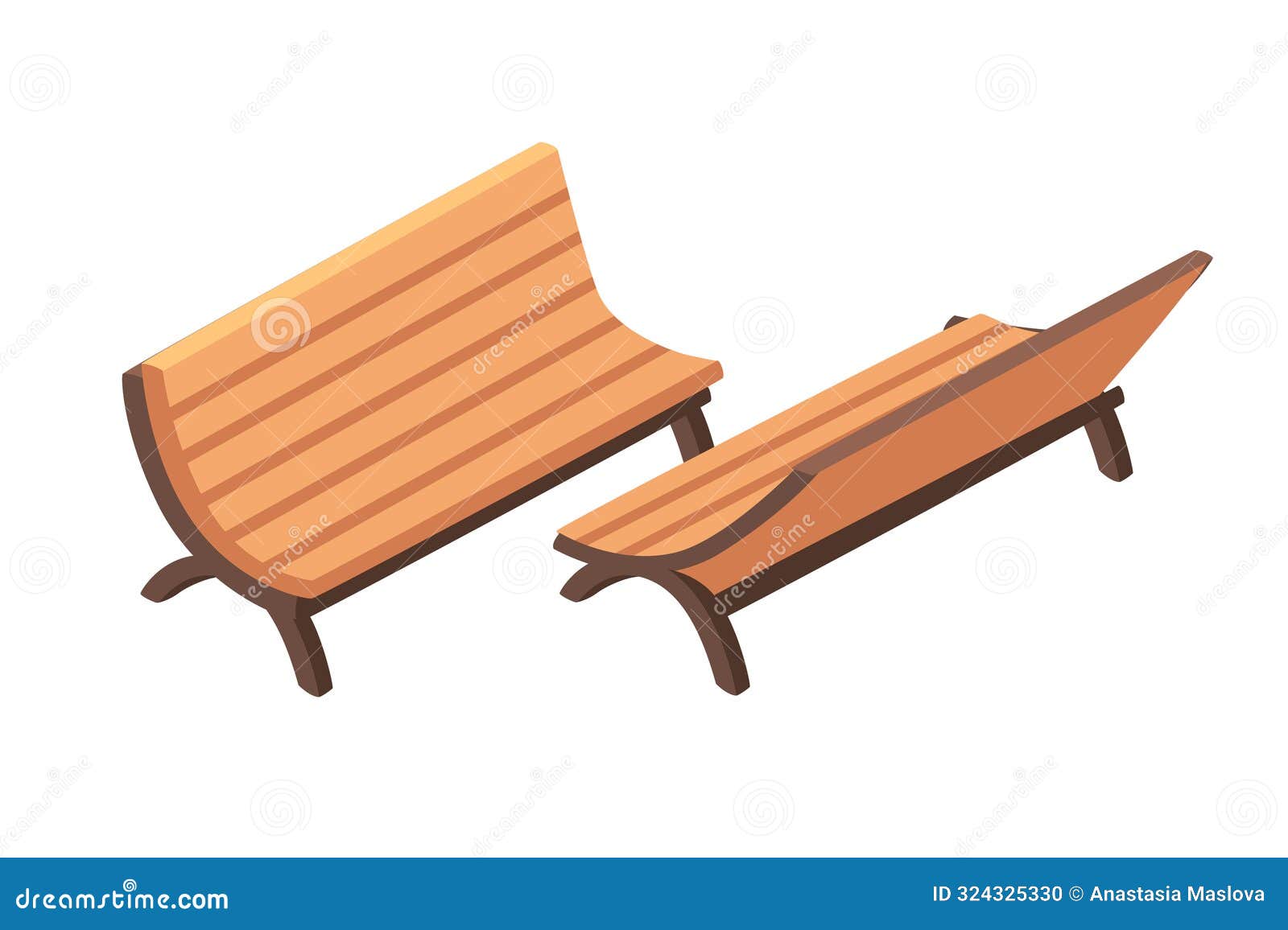 Set of Two Isometric Wooden Benches Front and Back View Vector ...