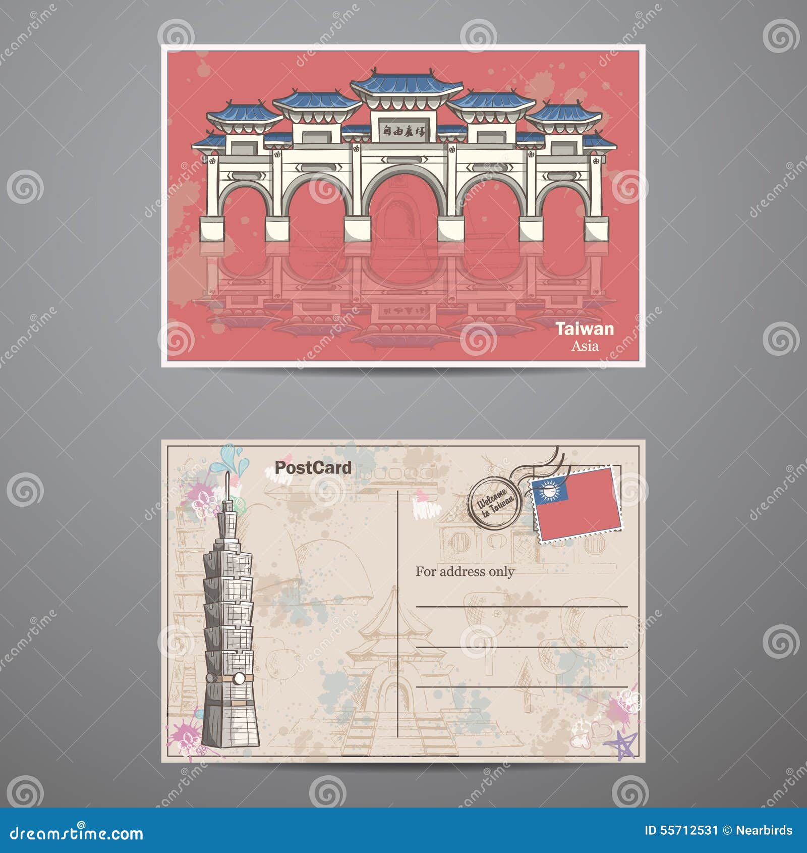 Set Two Sides of a Postcard with the Image Taiwans Attractions Stock ...