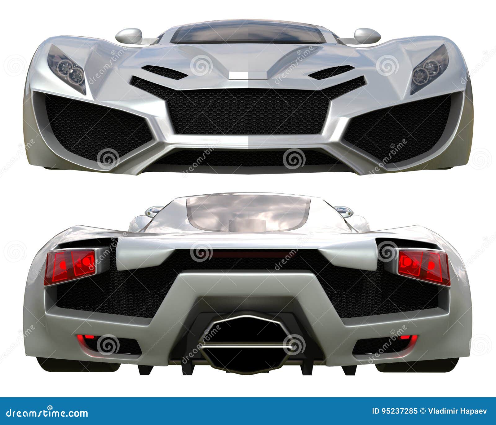 A Set of Two Types of Racing Concept Car in Gray. Front and Rear View ...