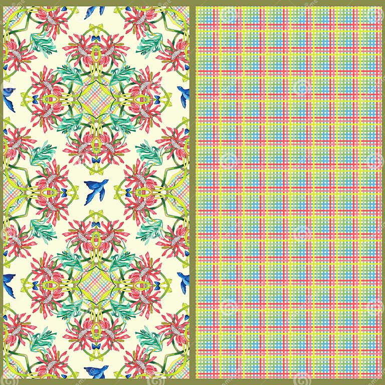 Set of Two Vector Patterns. Floral Hand Drawn Blue Birds Pattern and ...