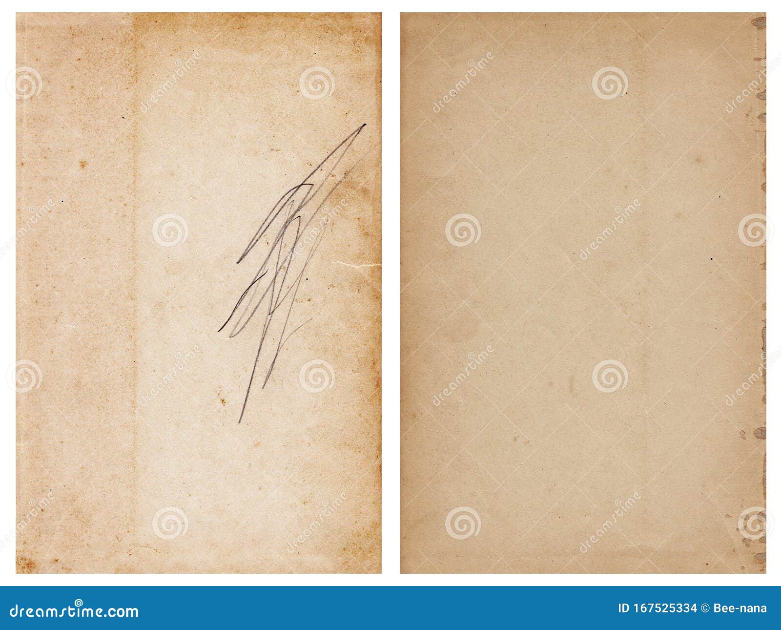 Browned Vintage Paper Set with Pencil Scribble Marks on One Page Stock ...