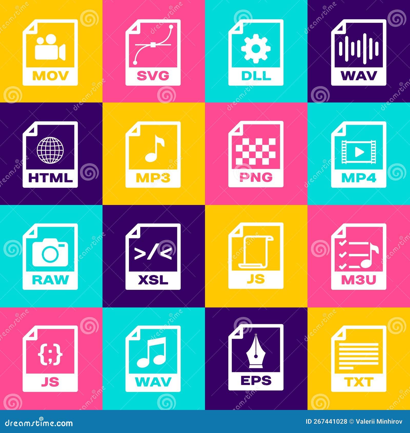 Set TXT File Document, M3U, MP4, DLL, MP3 and HTML Icon. Vector Stock Vector - Illustration of ...