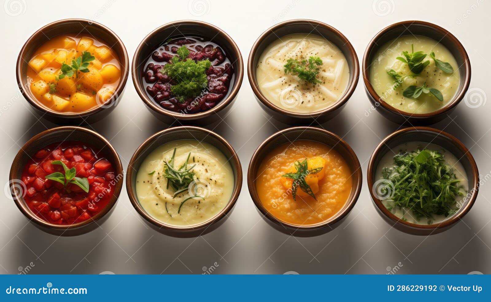 Set of Types of Soup in a Bowl from Above. Generative AI. Stock Photo ...