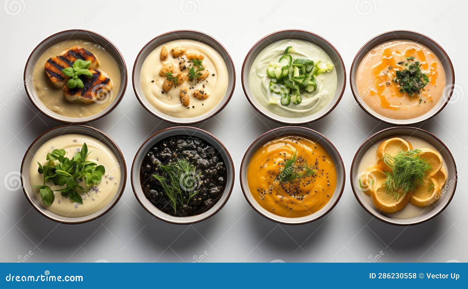 Set of Types of Soup in a Bowl from Above. Generative AI. Stock Photo ...