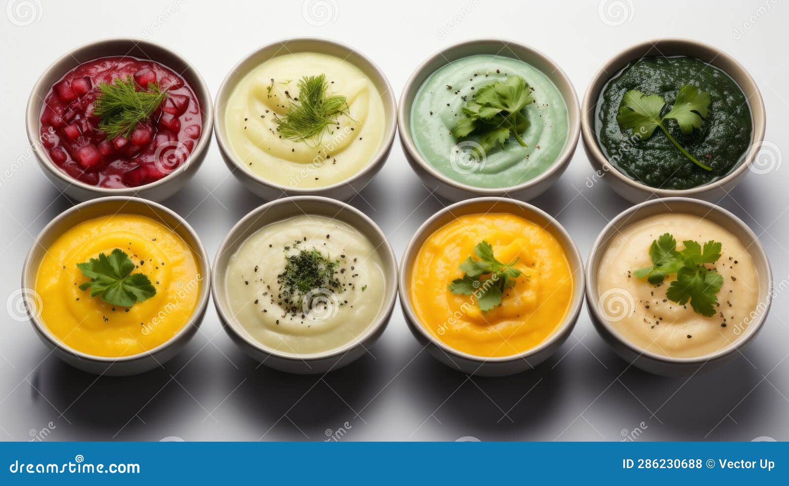 Set of Types of Soup in a Bowl from Above. Generative AI. Stock Photo ...