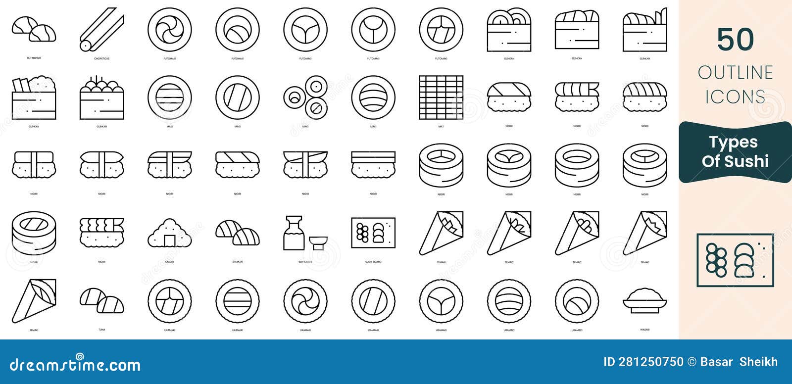 Set of Types of Sushi Icons. Thin Linear Style Icons Pack Stock Vector ...
