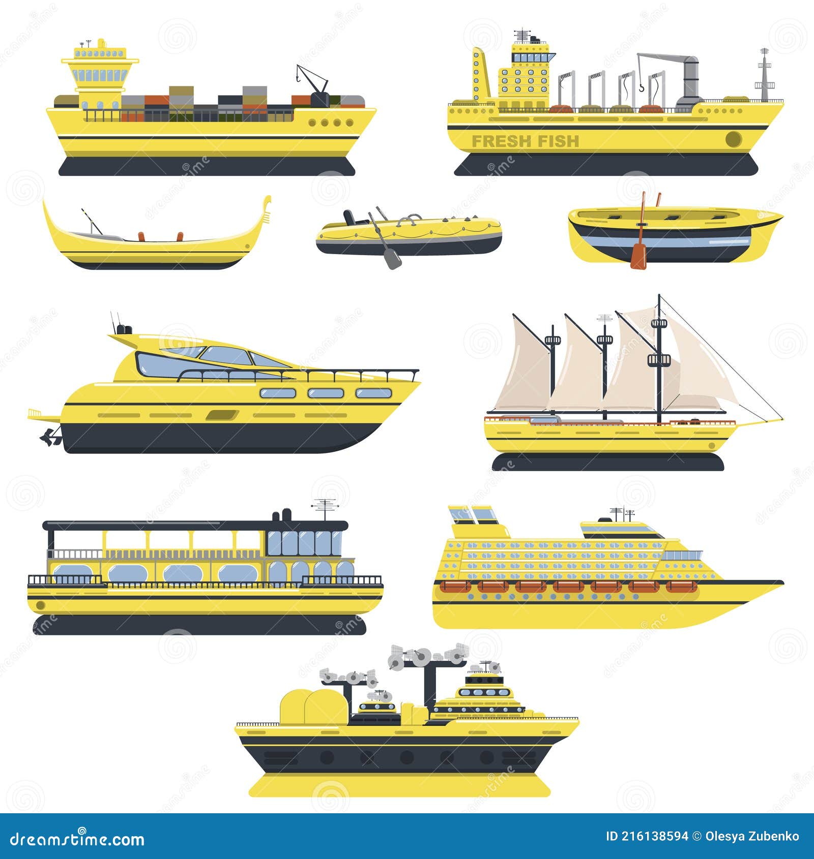 A Set of 10 Types of Vector Ships and Boats in Blue and Yellow Colors ...