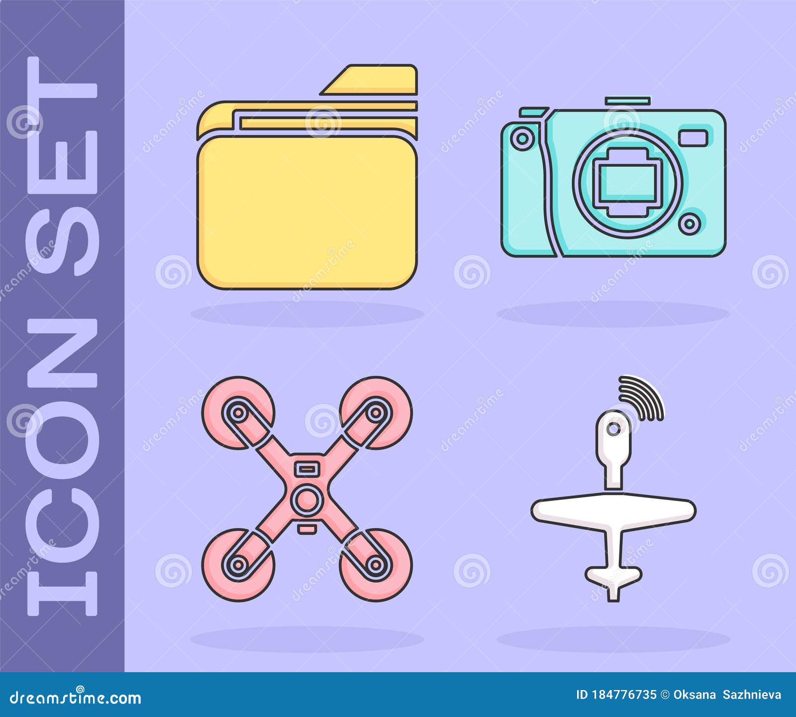 Set UAV Drone, Document Folder, Drone Flying and Mirrorless Camera Icon ...