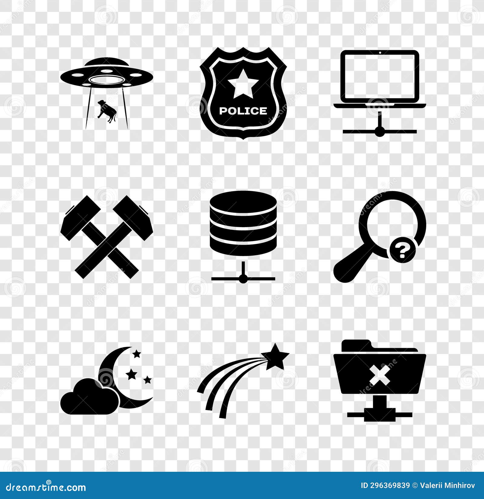 Set UFO Abducts Cow, Police Badge, Computer Network, Cloud with Moon ... Set UFO Abducts Cow, Police Badge, Computer Network, Cloud with Moon ...