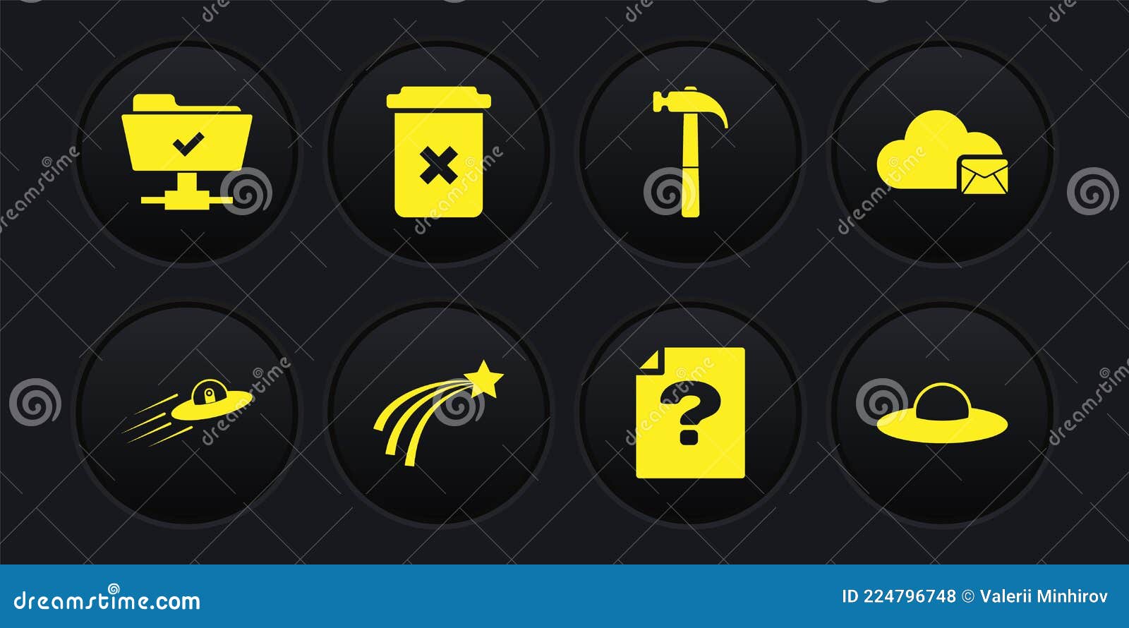 Set UFO Flying Spaceship and Alien, Cloud Mail Server, Falling Star, Unknown Document, Hammer ...