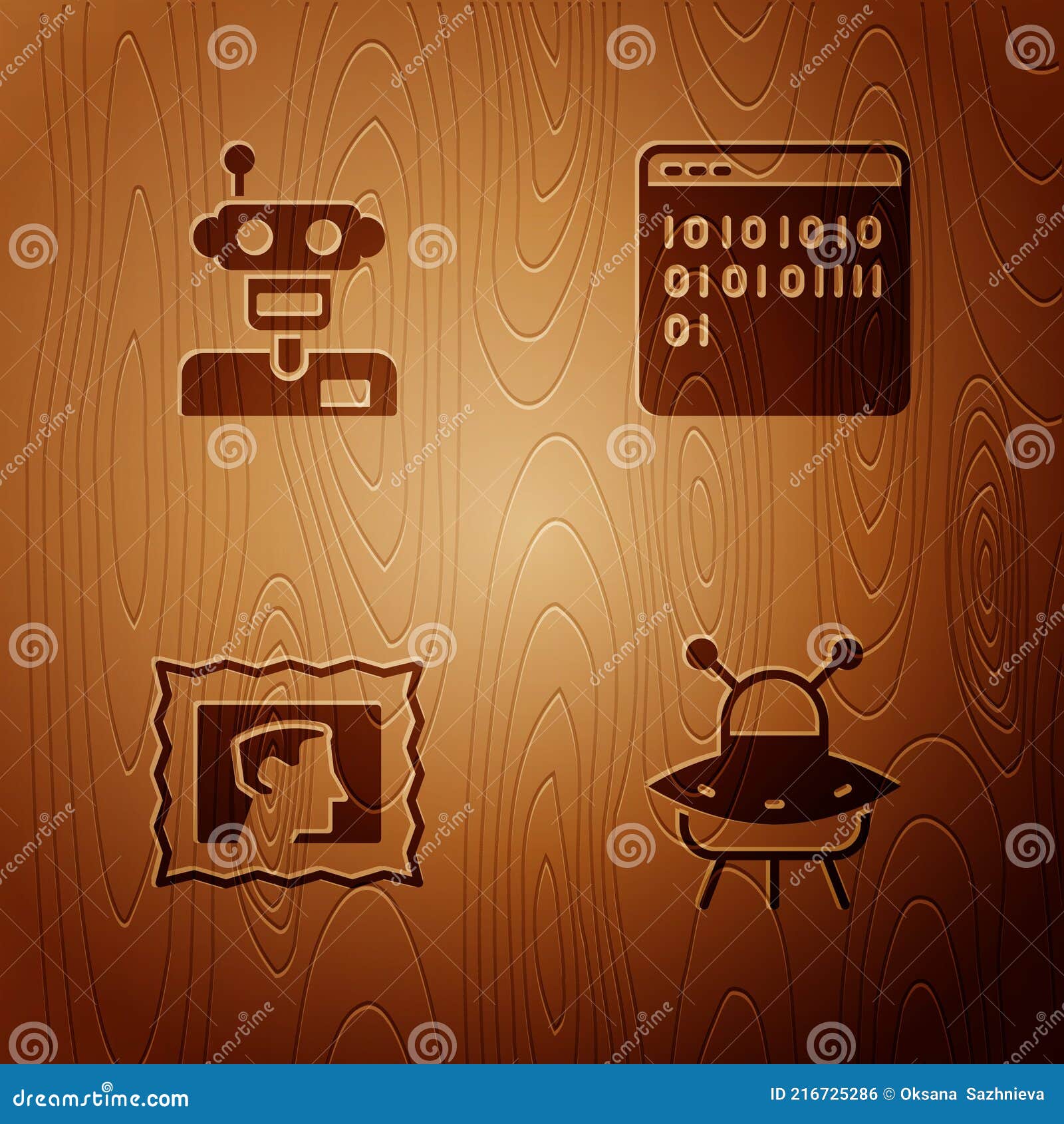 Set UFO Flying Spaceship, Robot, Postal Stamp and Binary Code on Wooden ...