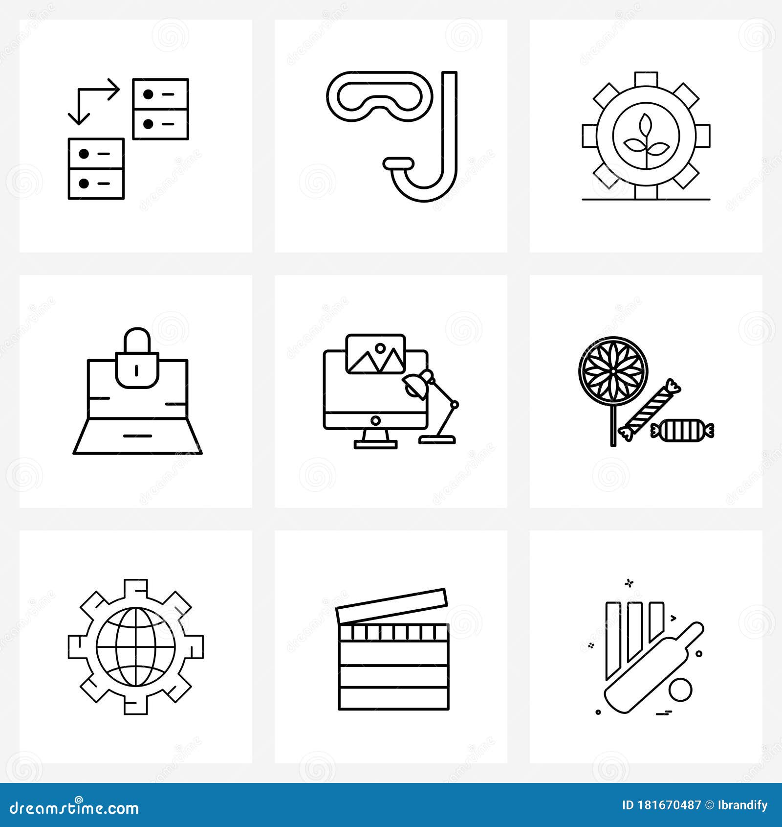 Set of 9 UI Icons and Symbols for Candies, Setting, Leaf, Computer ...