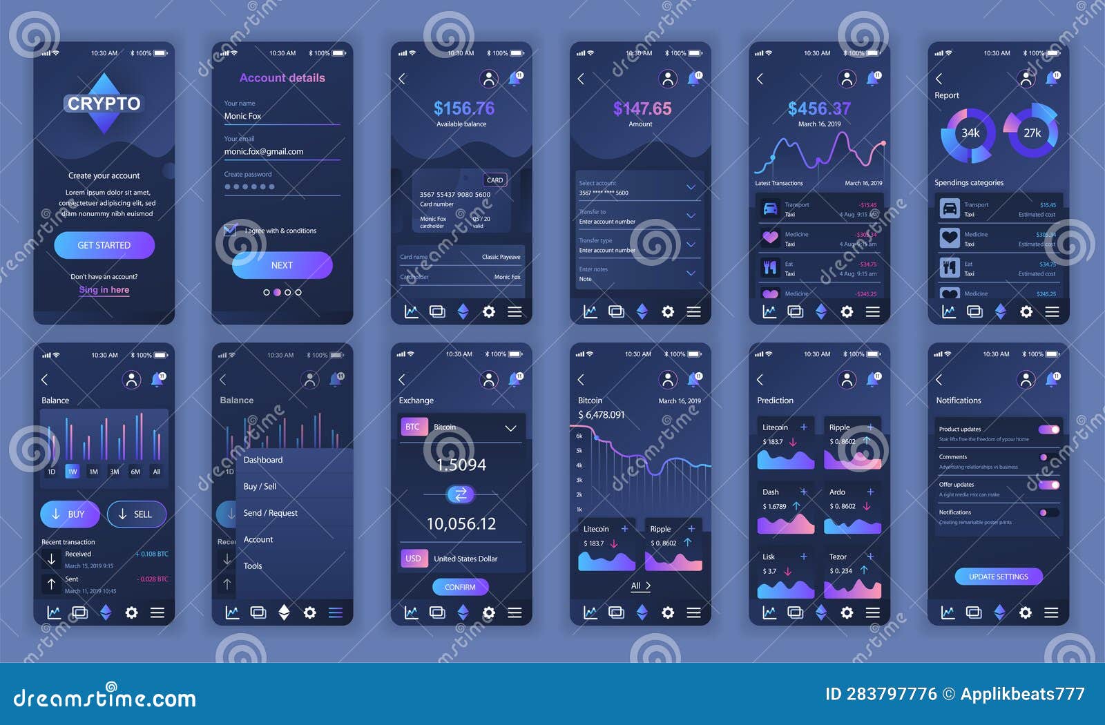 Set of UI, UX, GUI Screens Cryptocurrency App Flat Design Template for ...
