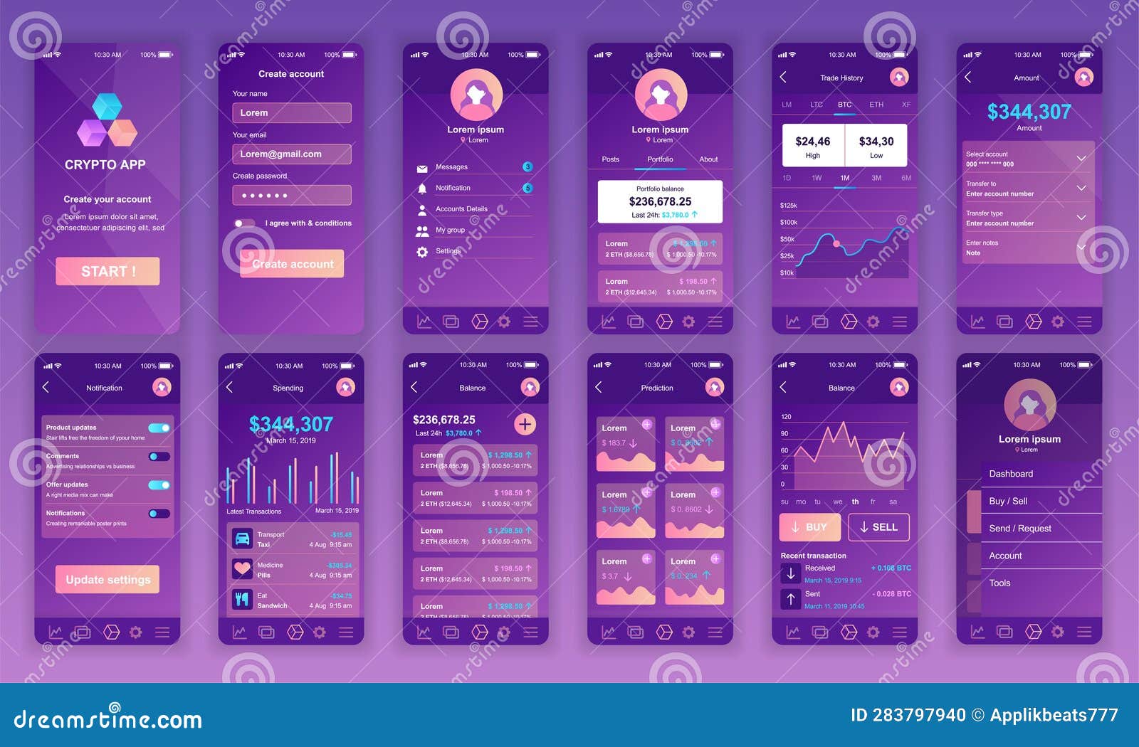 Set of UI, UX, GUI Screens Cryptocurrency App Flat Design Template for Mobile Apps, Responsive ...