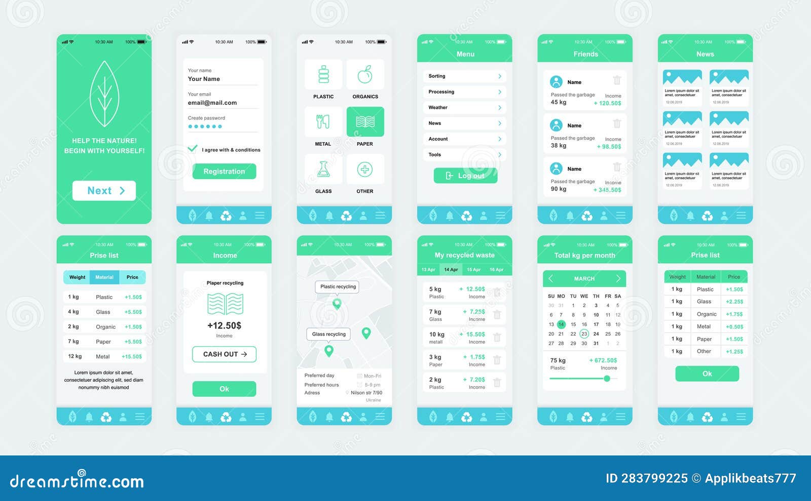 Set of UI, UX, GUI Screens Ecology App Flat Design Template for Mobile ...