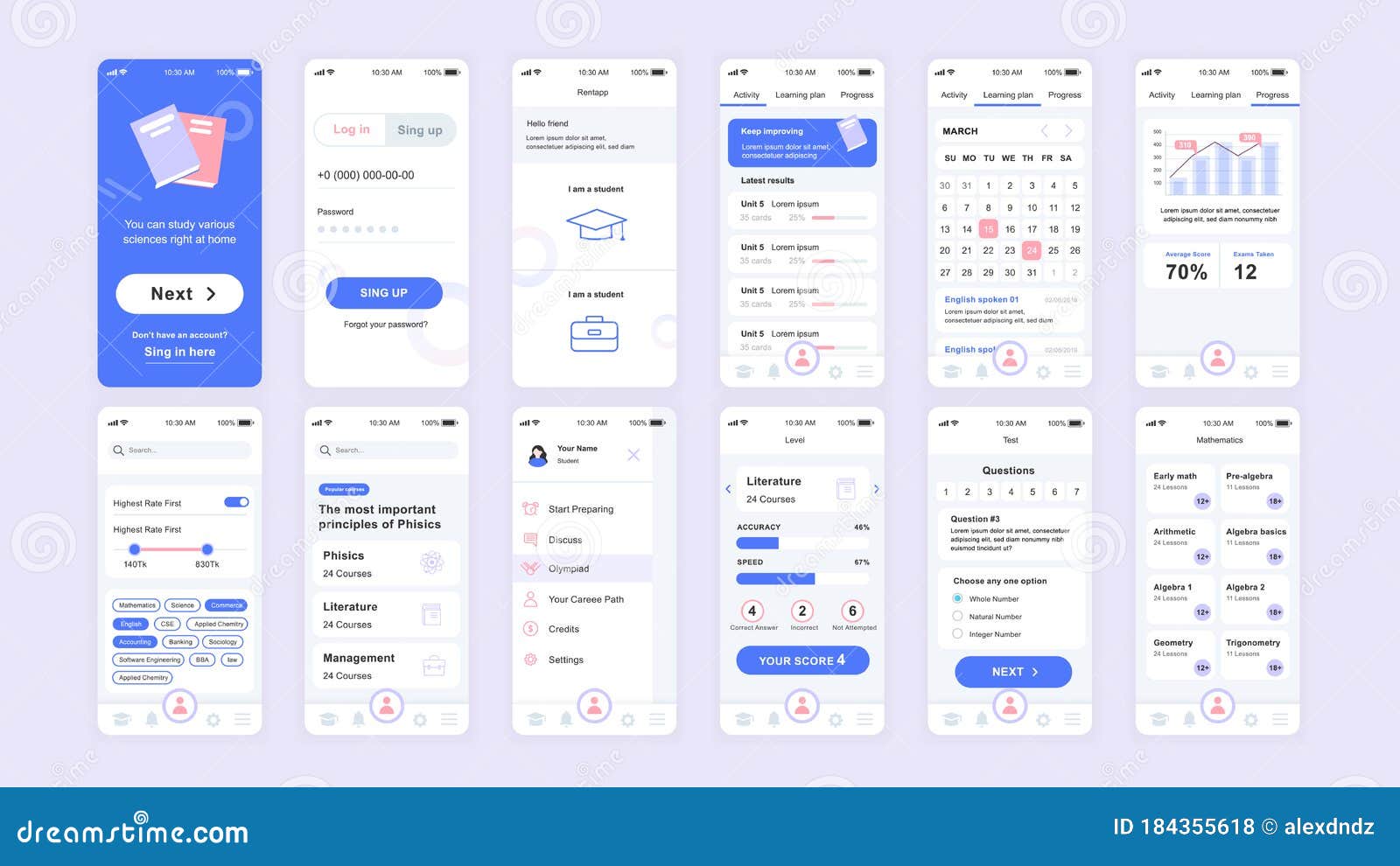 Set Of Ui Ux Gui Screens Education App Flat Design Template For Mobile Apps Responsive