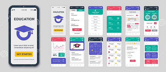 Set of UI, UX, GUI Screens Education App Flat Design Template for ...