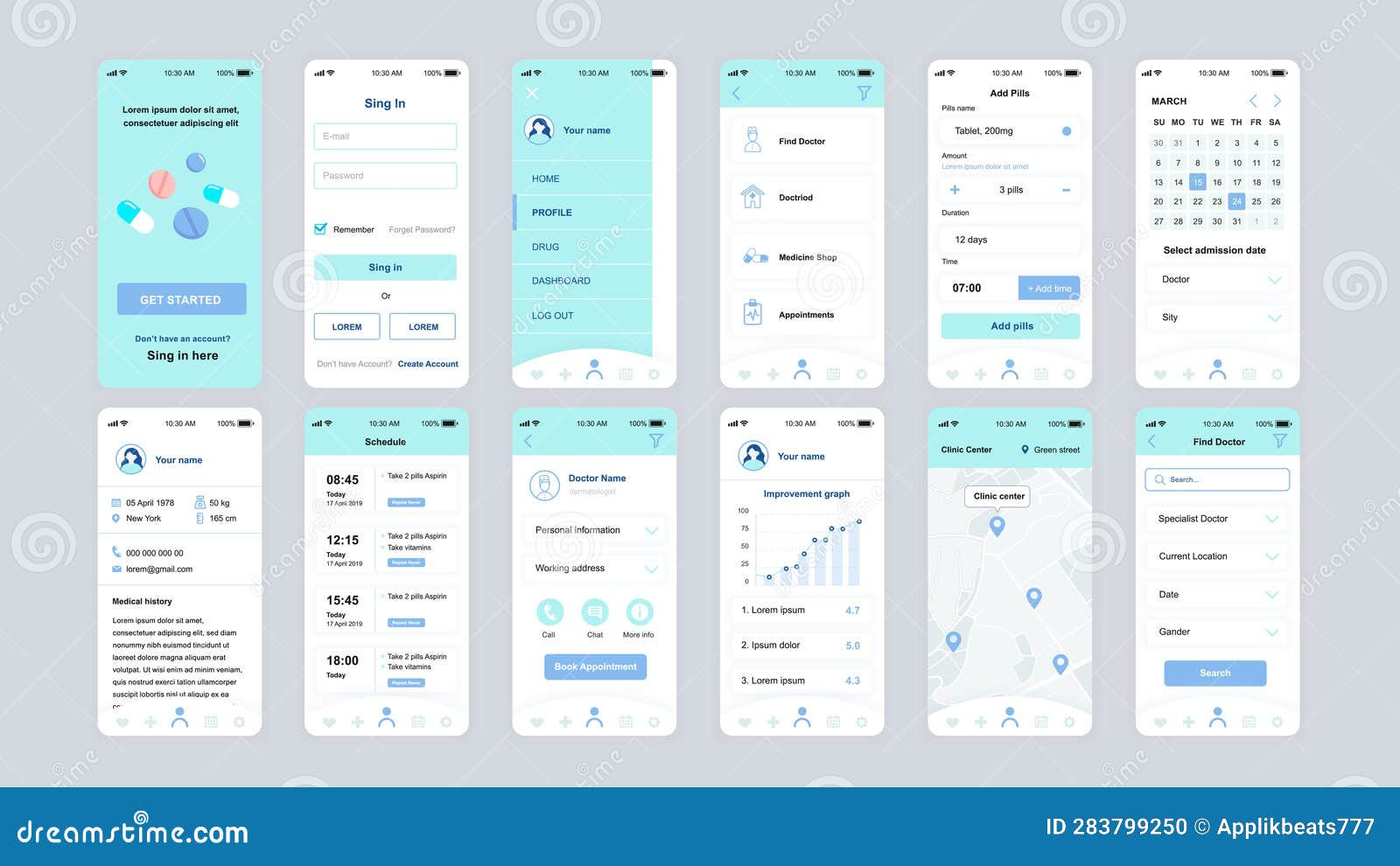 Set Of UI, UX, GUI Screens Medicine App Flat Design Template For Mobile ...