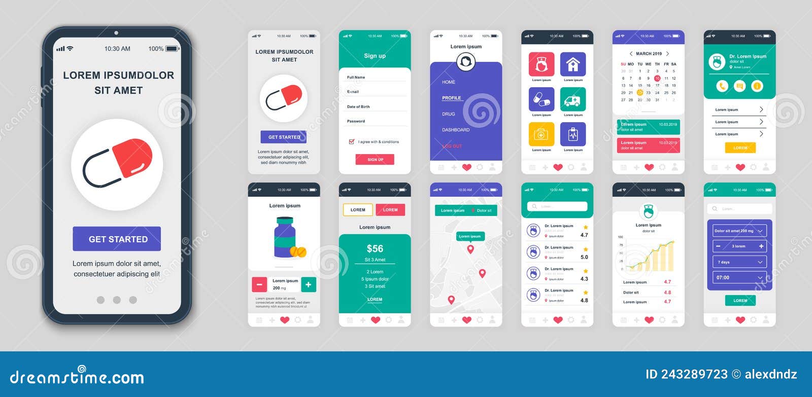 Set of UI, UX, GUI Screens Medicine App Flat Design Template for Mobile ...