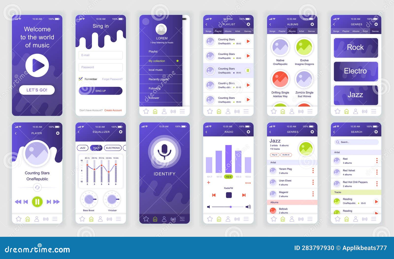 Set of UI, UX, GUI Screens Music App Flat Design Template for Mobile Apps, Responsive Website ...