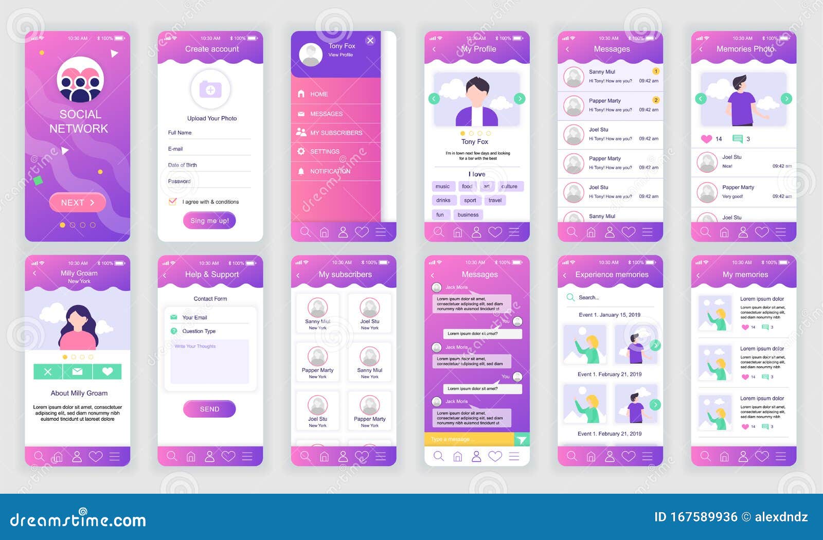 Set of UI, UX, GUI Screens Social Network App Flat Design Template for ...