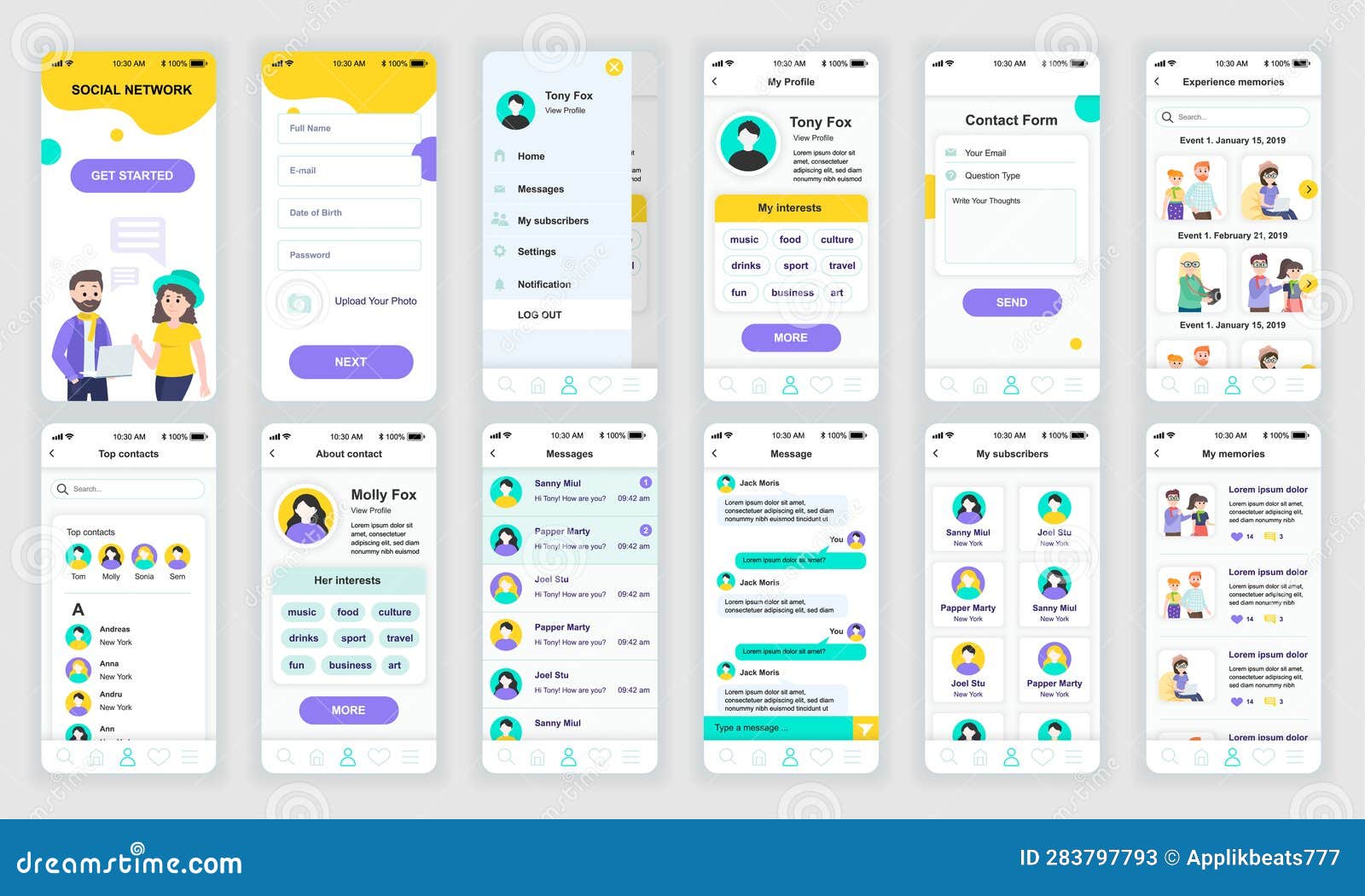 Set of UI, UX, GUI Screens Social Network App Flat Design Template for ...