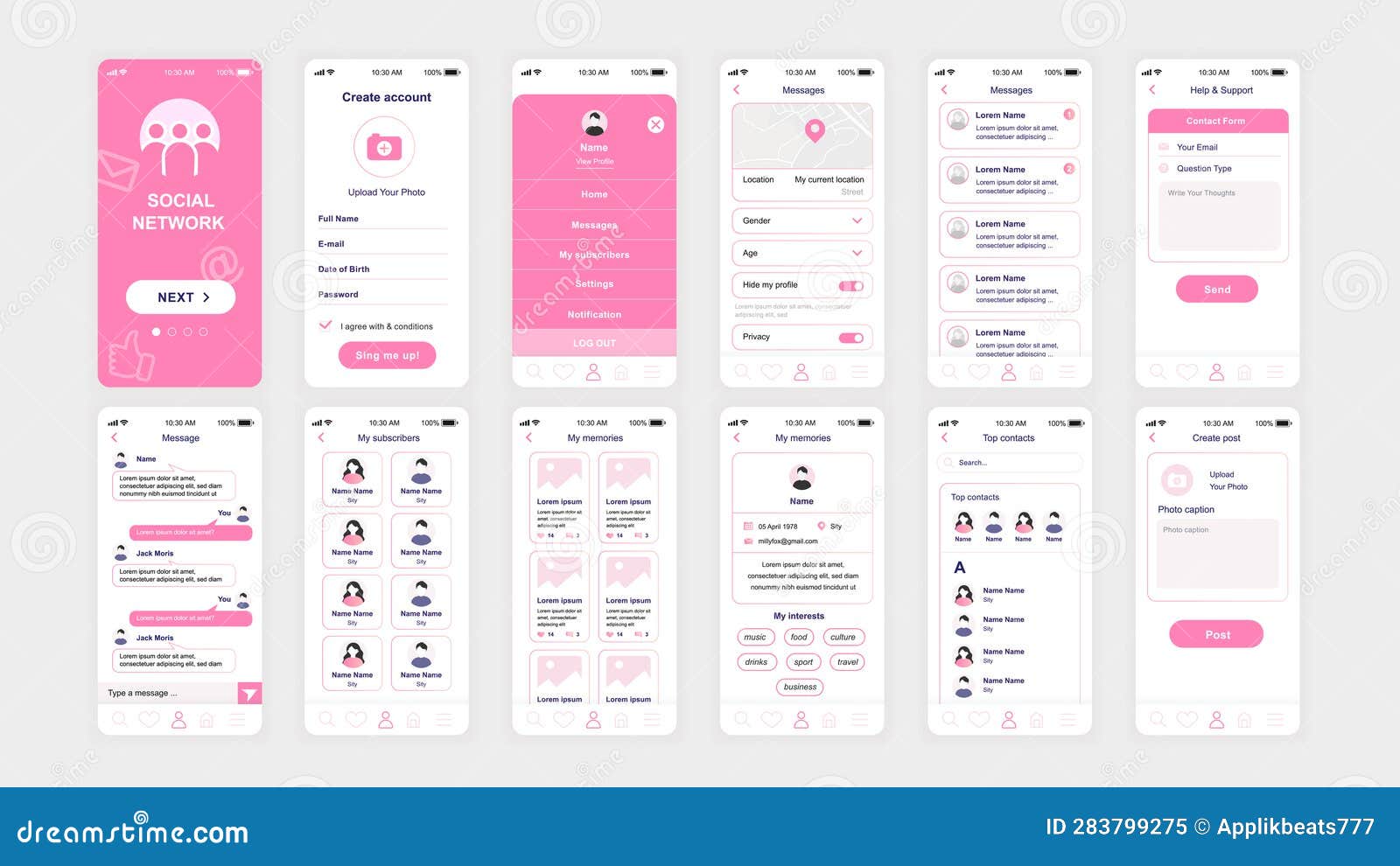 Set of UI, UX, GUI Screens Social Network App Flat Design Template for ...