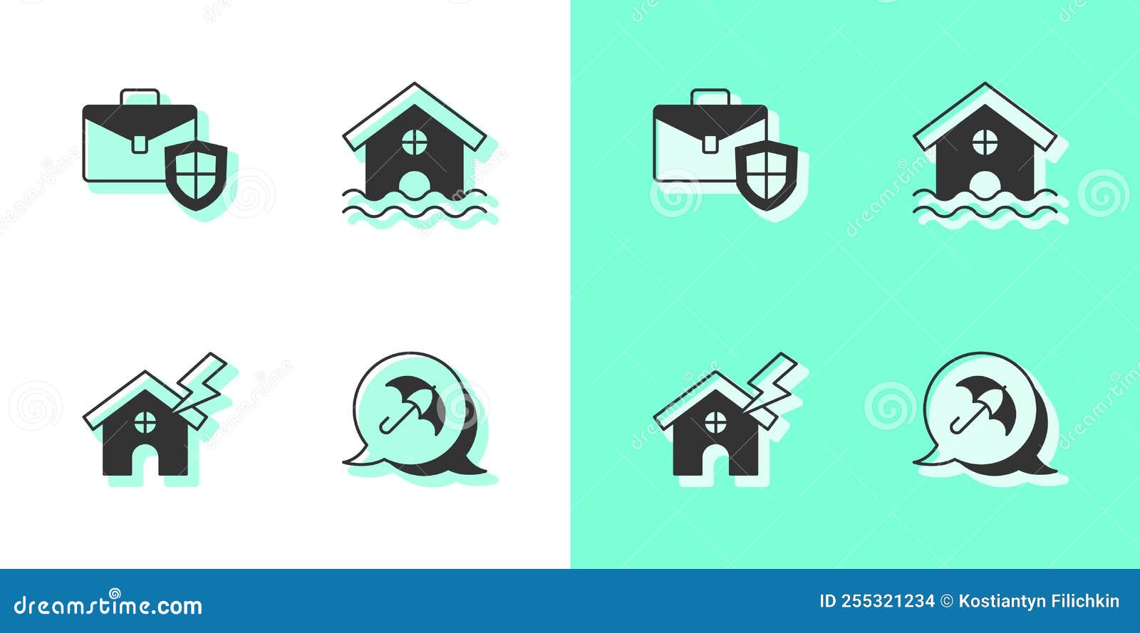 Set Umbrella, Briefcase with Shield, House and Lightning and Flood Icon ...