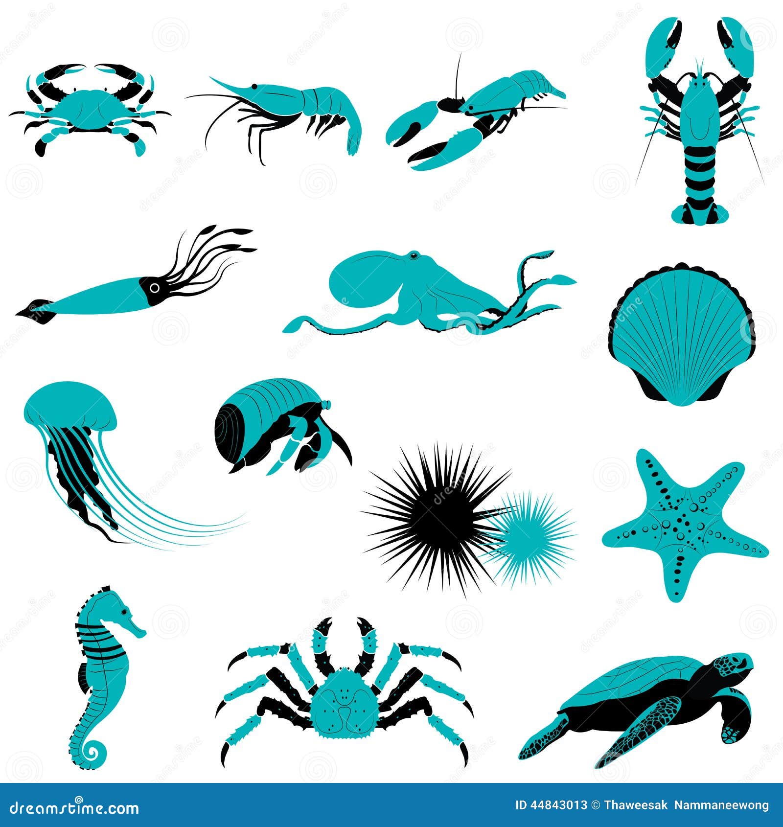 Set Of Underwater Aquatic Shell Animals And Creatures Icons Cartoon ...