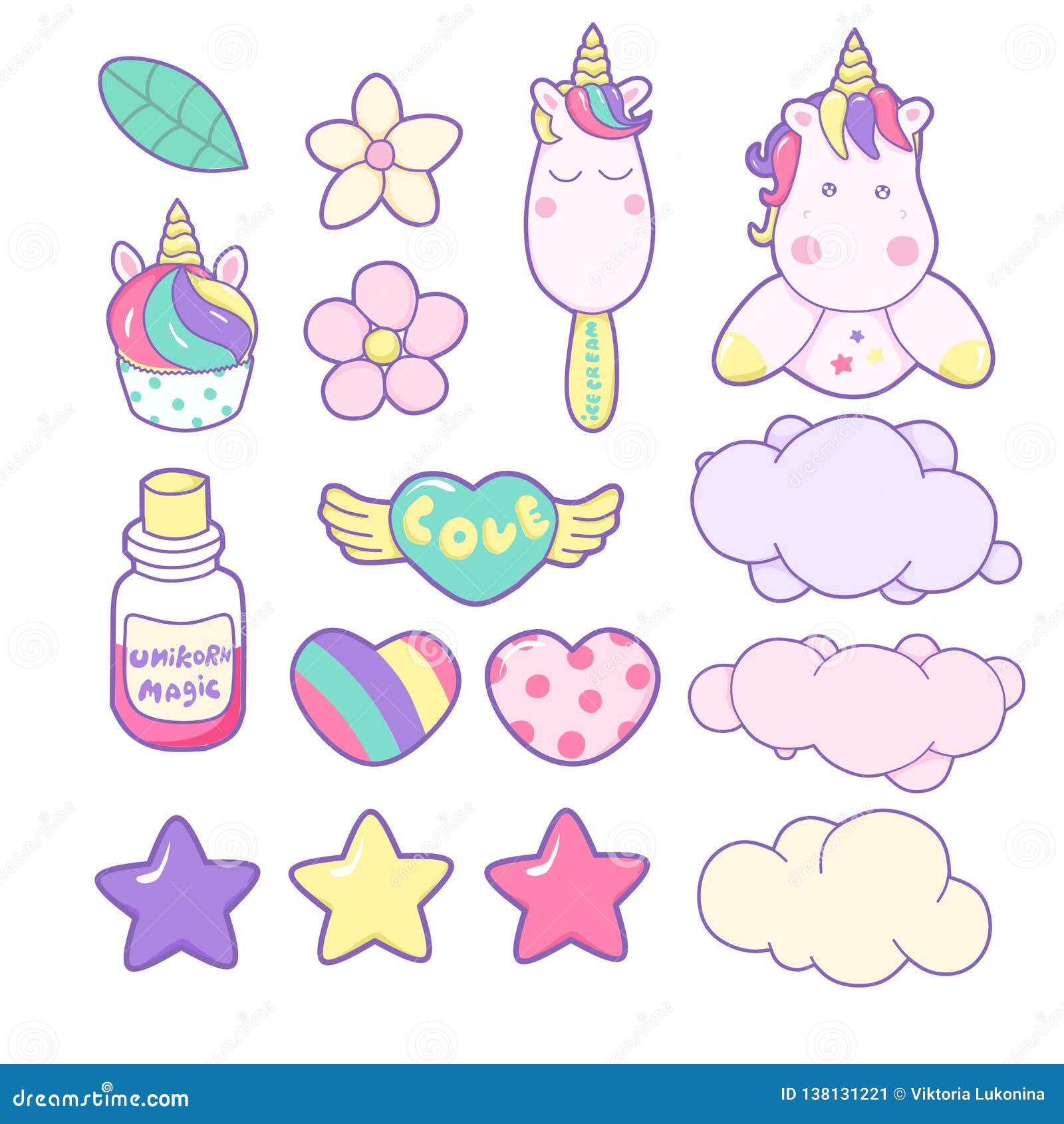 Set Unicorns and Different Magic Elements. Vector Illustration. Stock ...