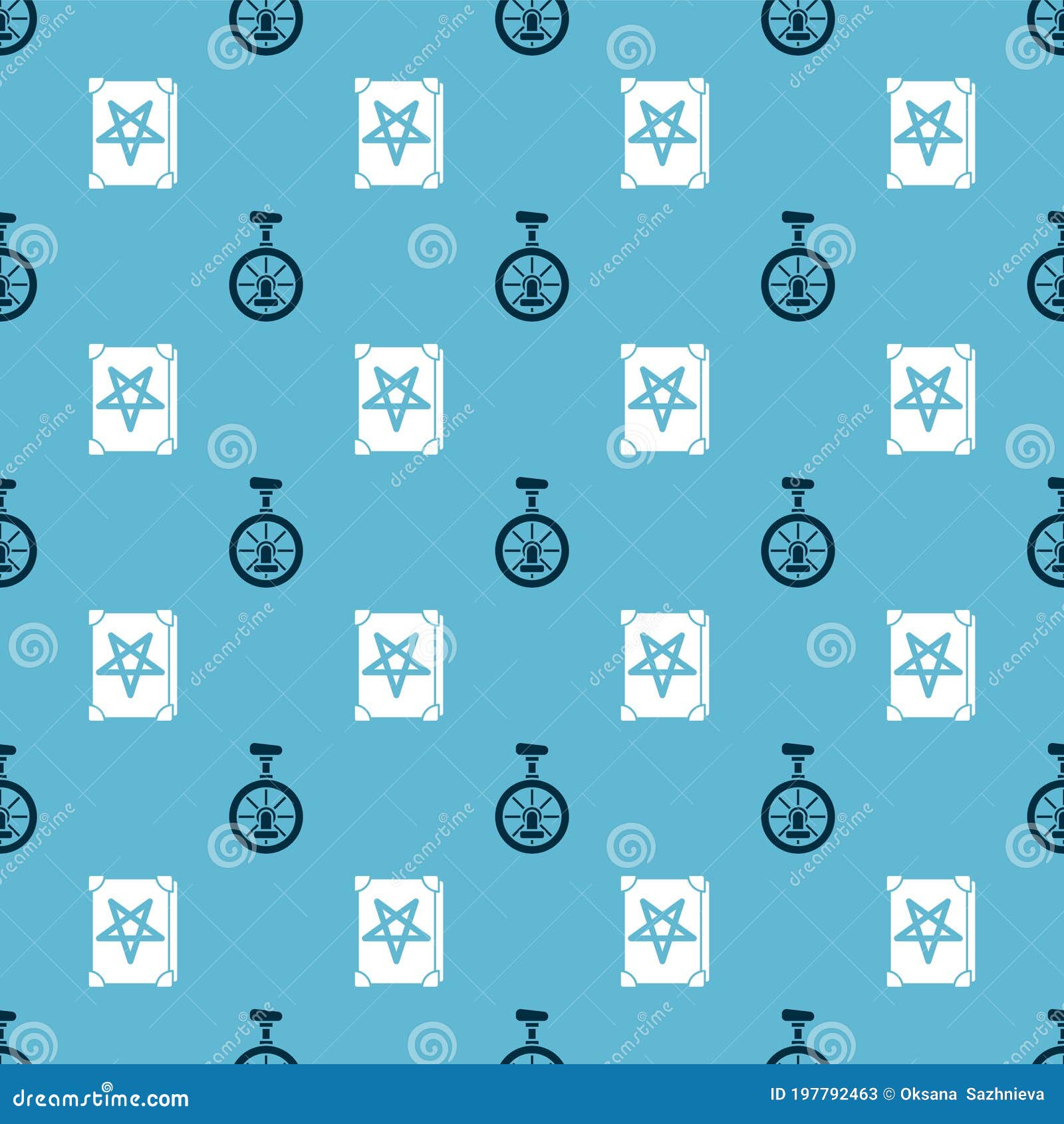 Set Unicycle or One Wheel Bicycle and Ancient Magic Book on Seamless ...