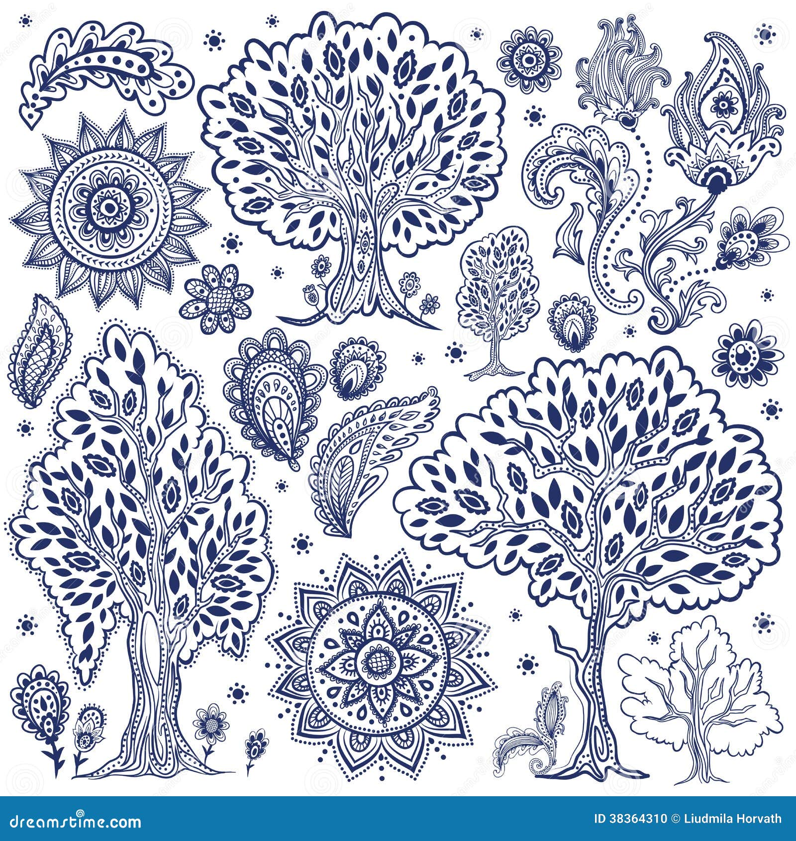 Set of Unique Ethnic Trees and Flowers Stock Vector - Illustration of ...