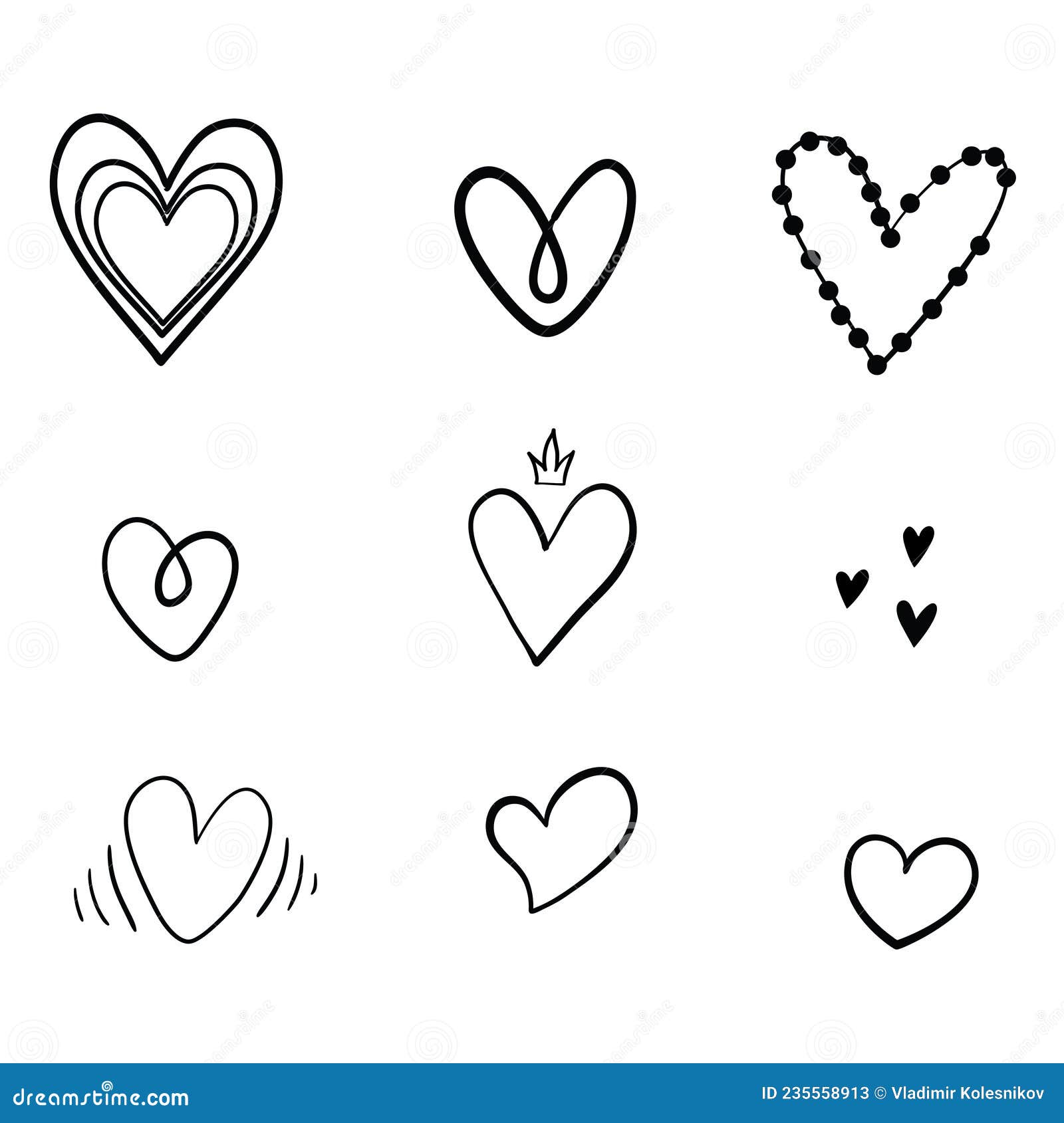 Set of Unique Hand Drawn Hearts. Painted Design Elements. Stock Vector ...