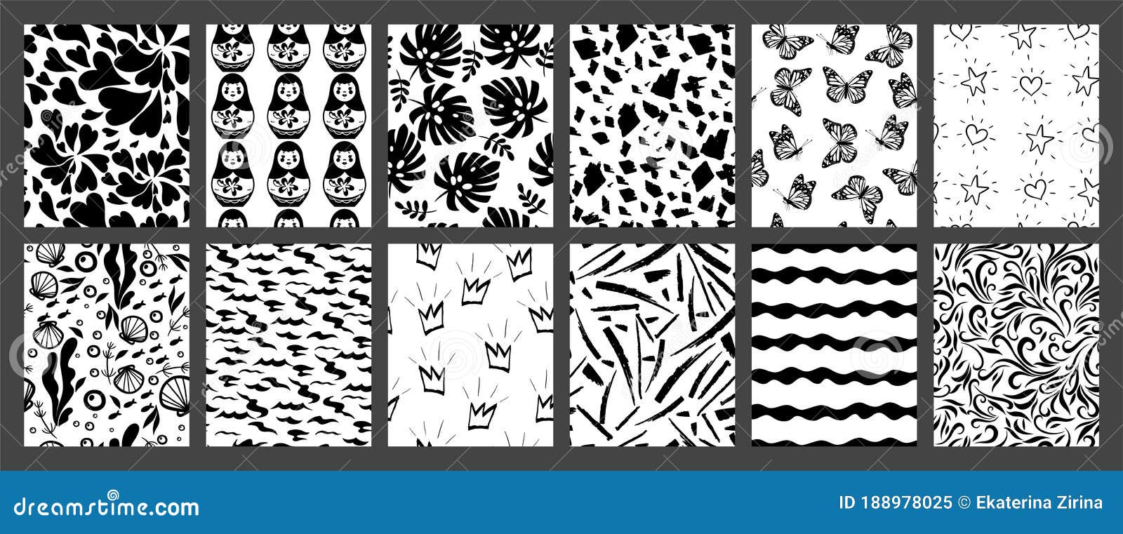 Set of 12 Unique Seamless Black and White Patterns. Vector Graphics ...
