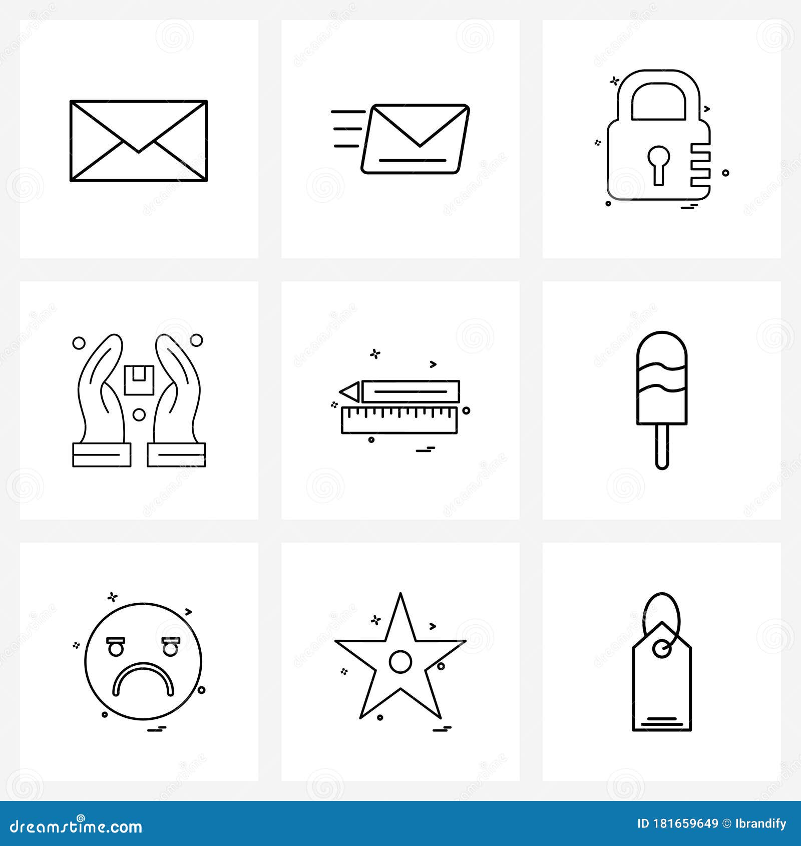 Set of 9 Universal Line Icons of Geometry, Scale, Security, Box, Safe ...