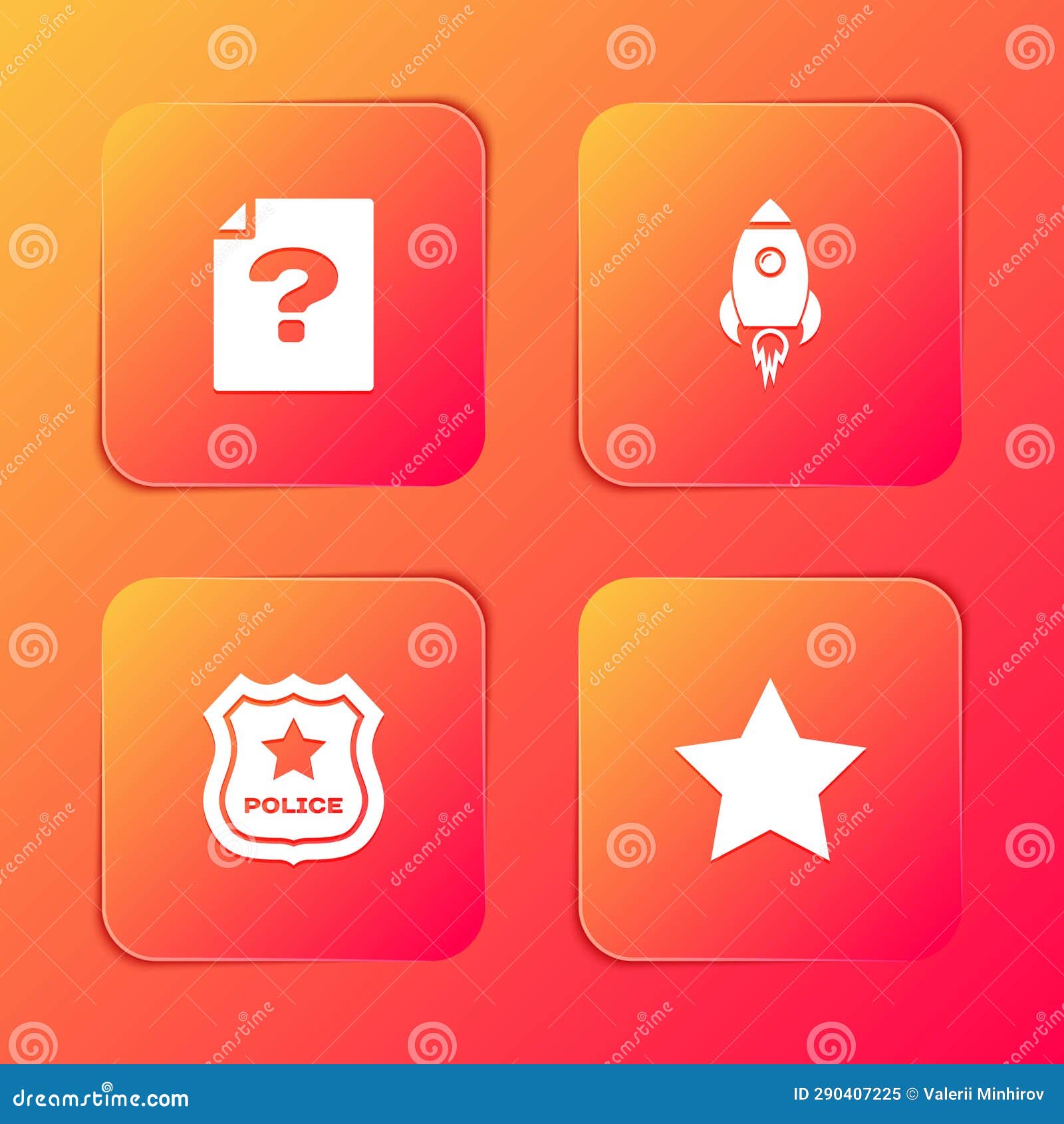 Set Unknown Document, Rocket Ship with Fire, Police Badge and Star Icon ...