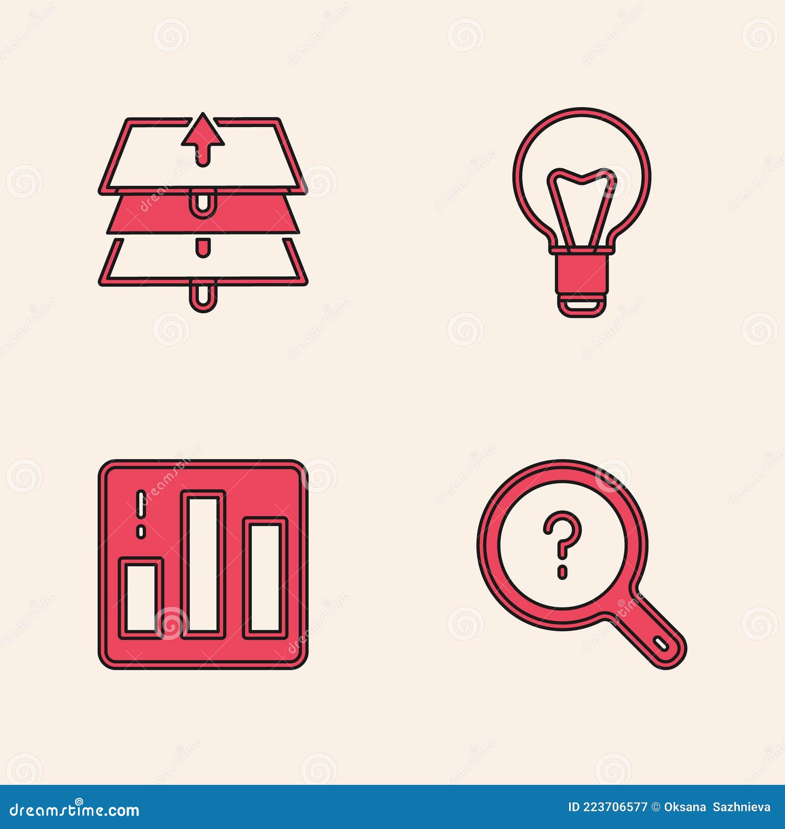 Set Unknown Search, Layers, Light Bulb and Pie Chart Infographic Icon ...