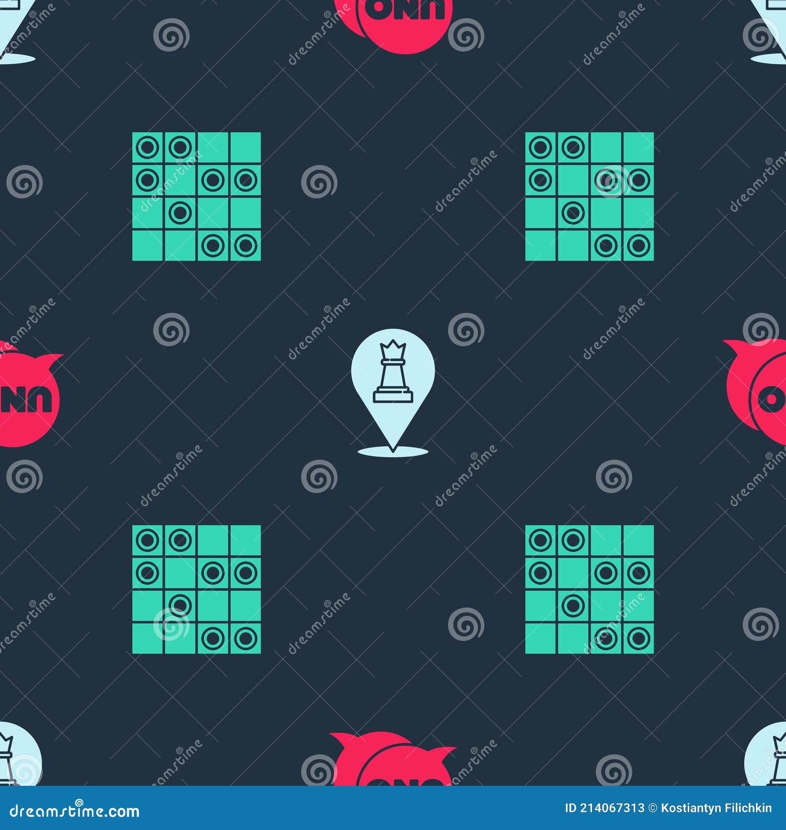 Set Uno Card Game, Chess and Board of Checkers on Seamless Pattern ...
