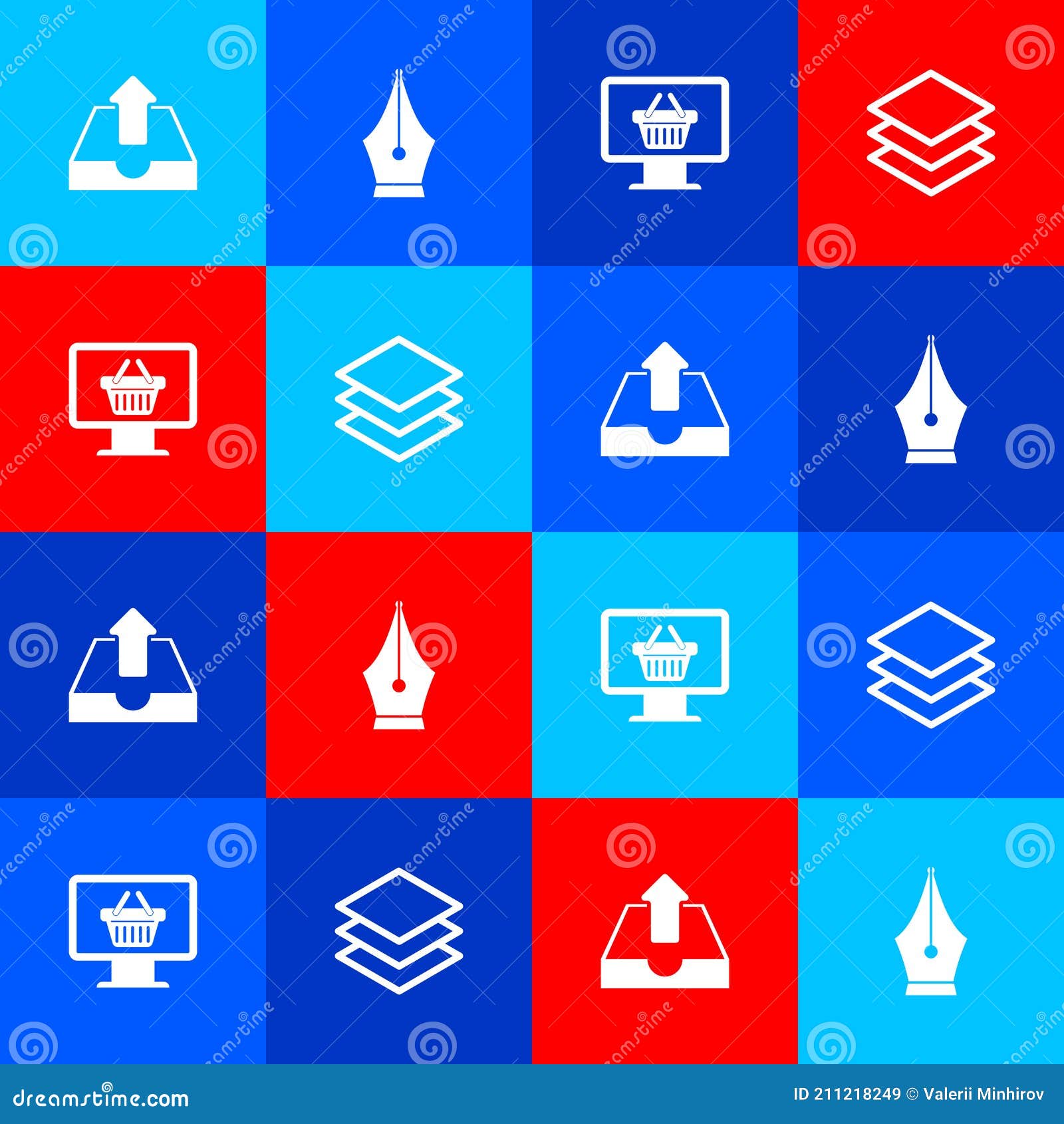 Set Upload Inbox, Fountain Pen Nib, Monitor with Shopping Basket and Layers Icon. Vector Stock ...