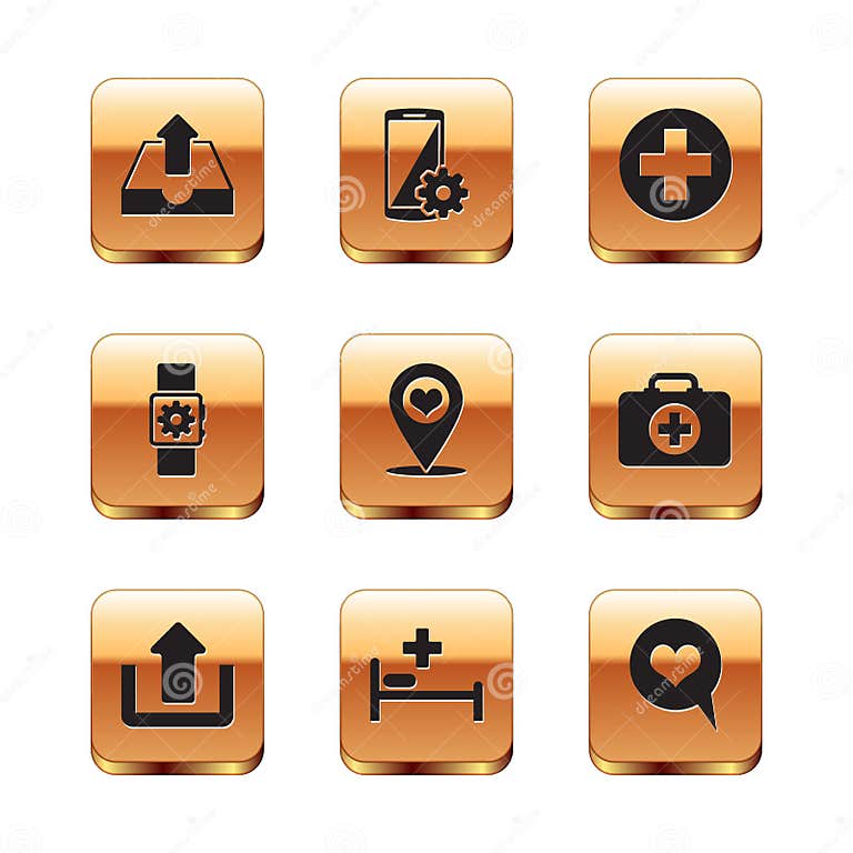 Set Upload Inbox, , Hospital Bed, Map Pointer with Heart, Smartwatch Setting and Medical Cross ...