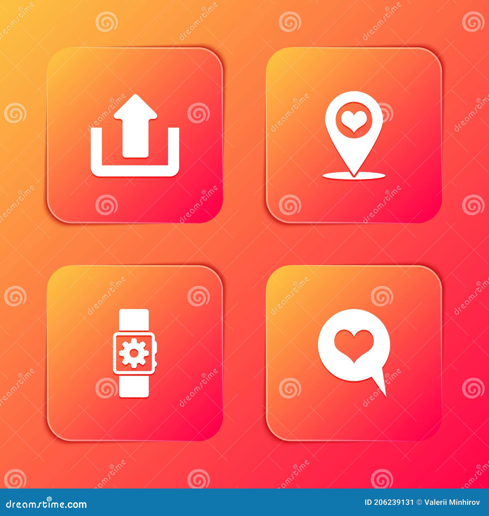 Set Upload, Map Pointer with Heart, Smartwatch Setting and Heart Speech Bubble Icon. Vector ...