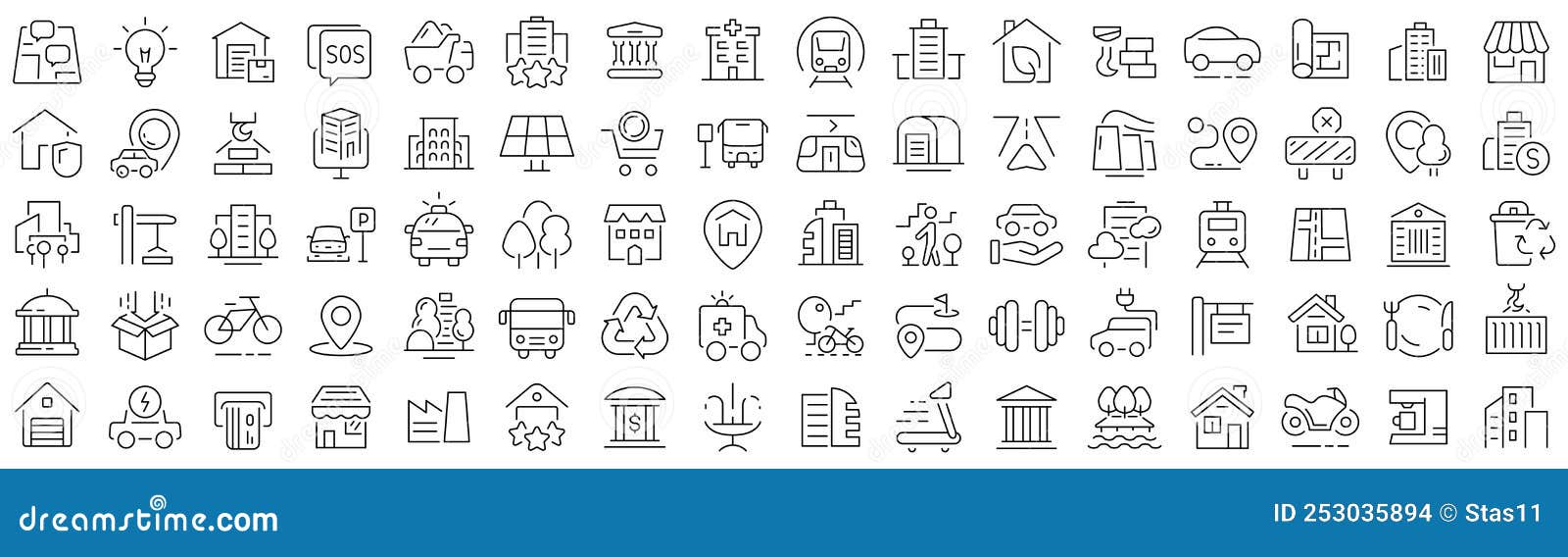 Urban Infrastructure Line Set. Icons Of Playground, Buildings, Bus Stop ...