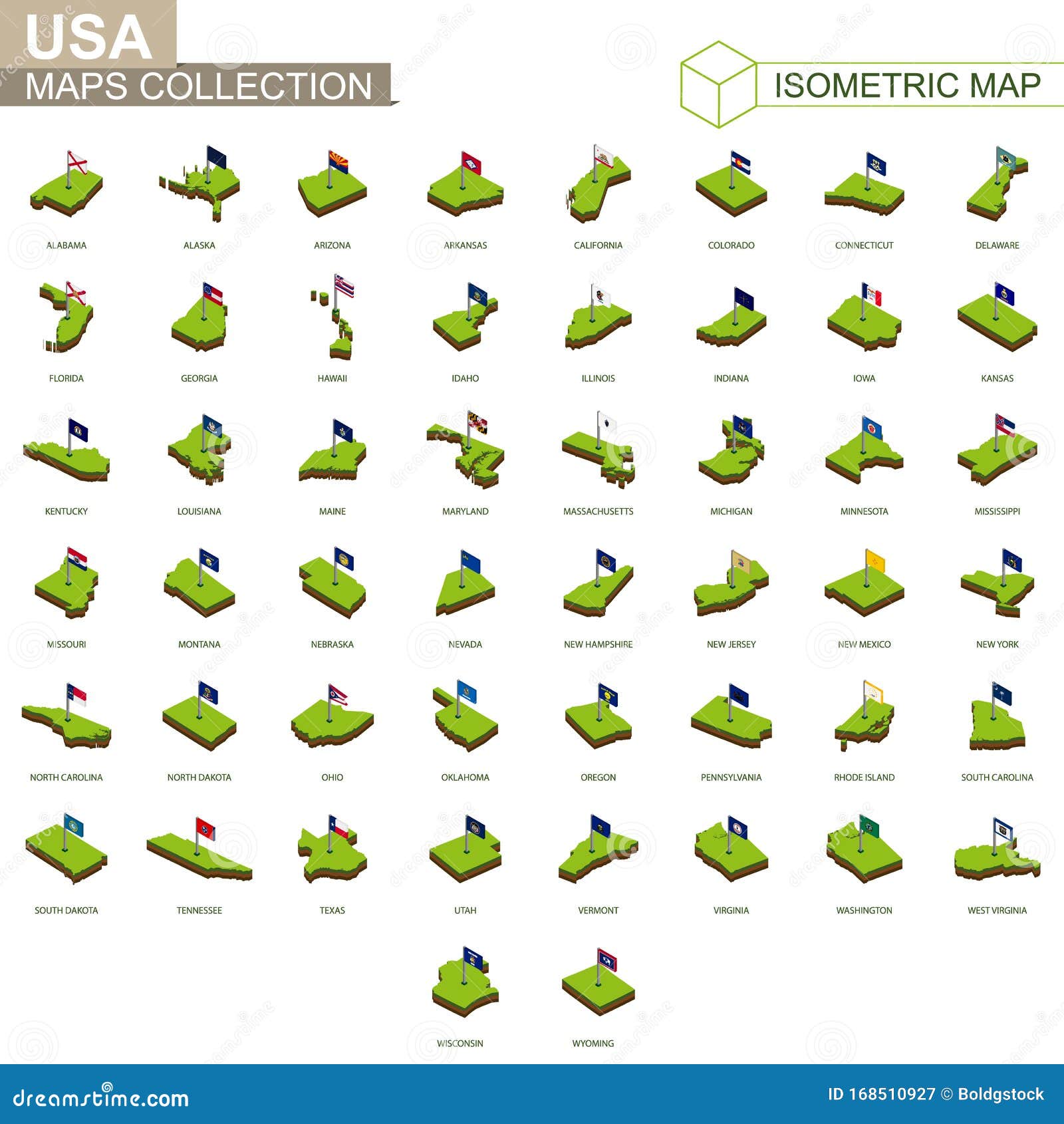 Set of US States Isometric Map and Flag Stock Vector - Illustration of ...