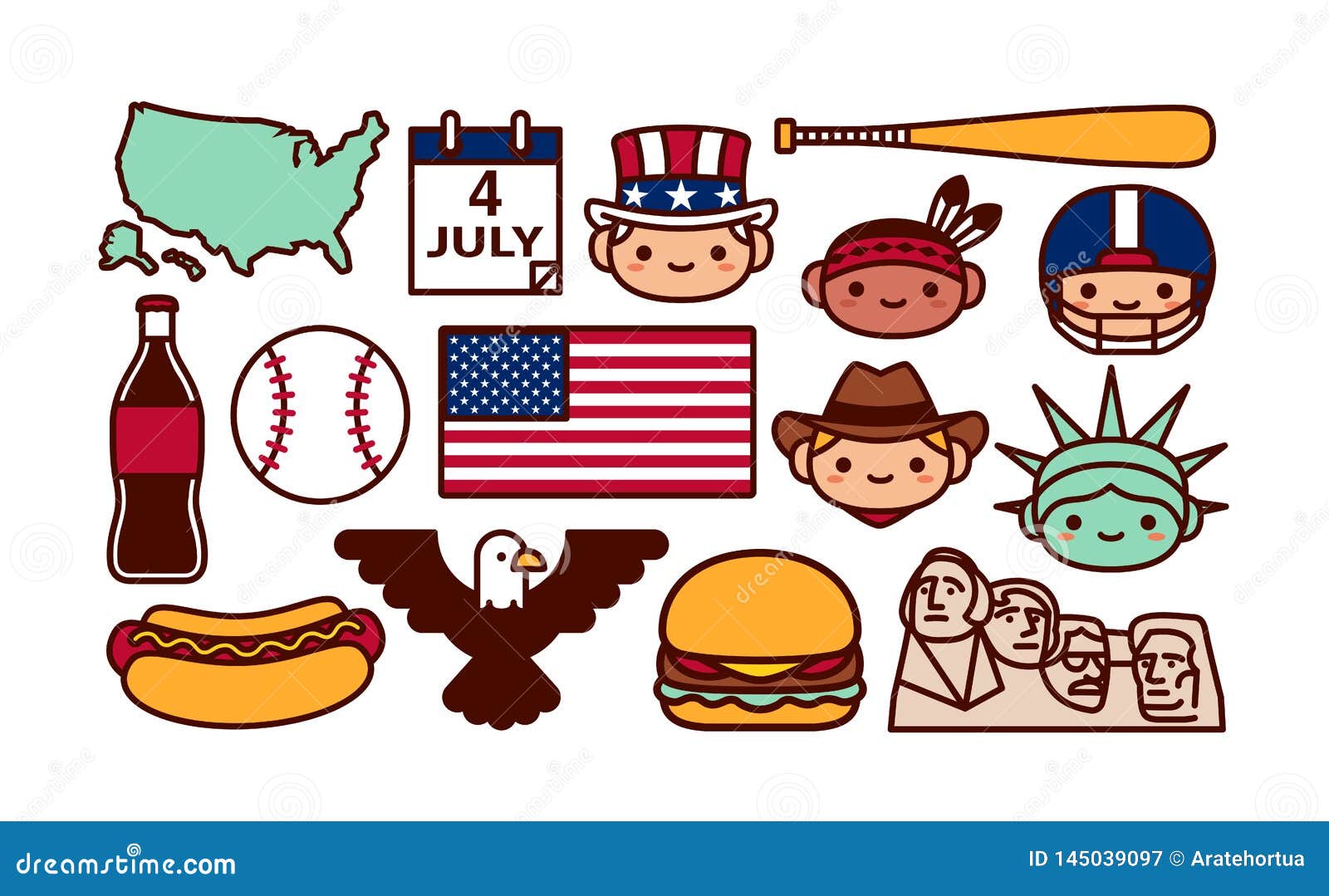 Set of USA Cartoon Icons Isolated Stock Illustration - Illustration of ...