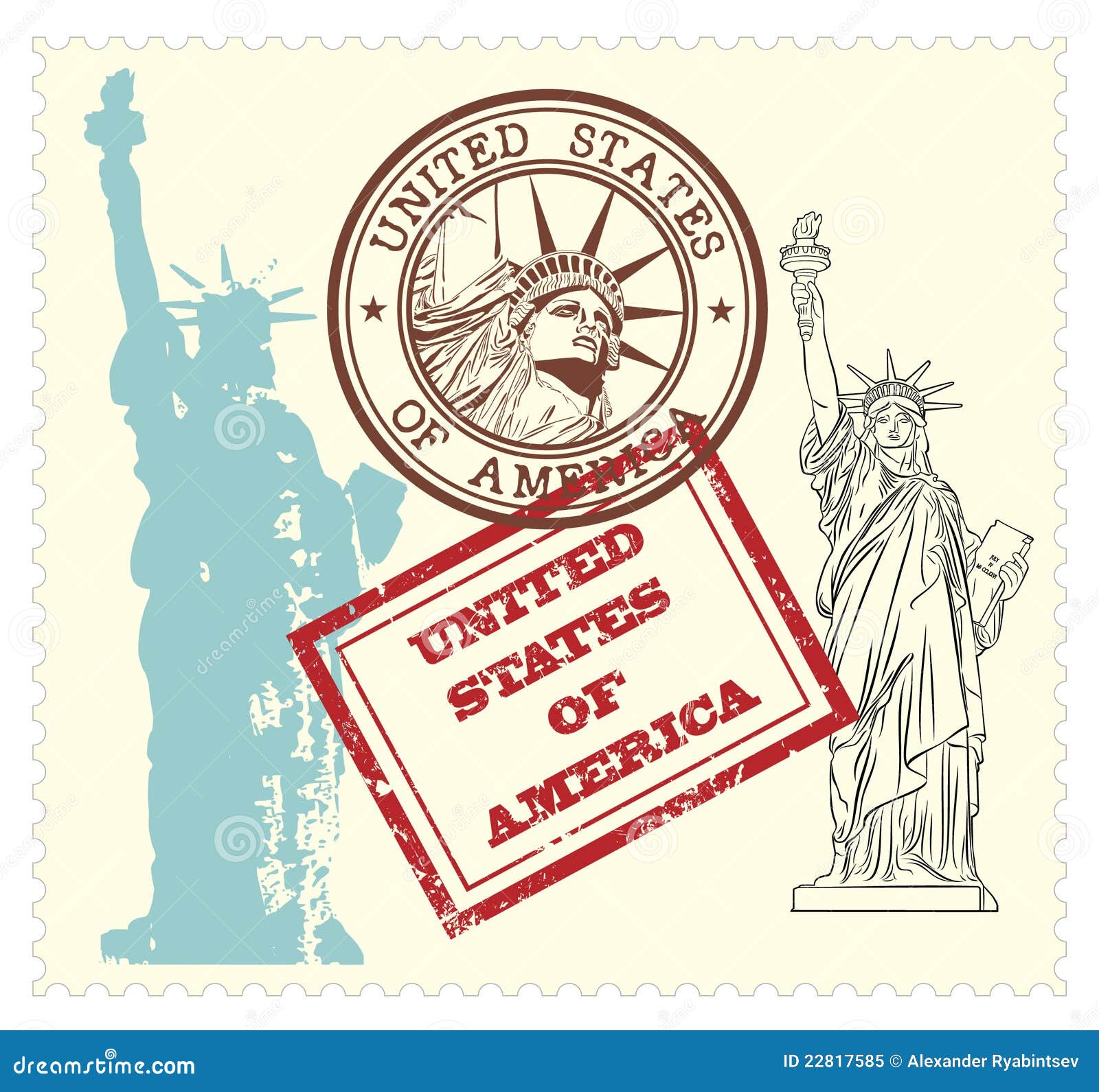 Set of USA Stamps and Statue of Liberty Illustrati Stock Illustration ...