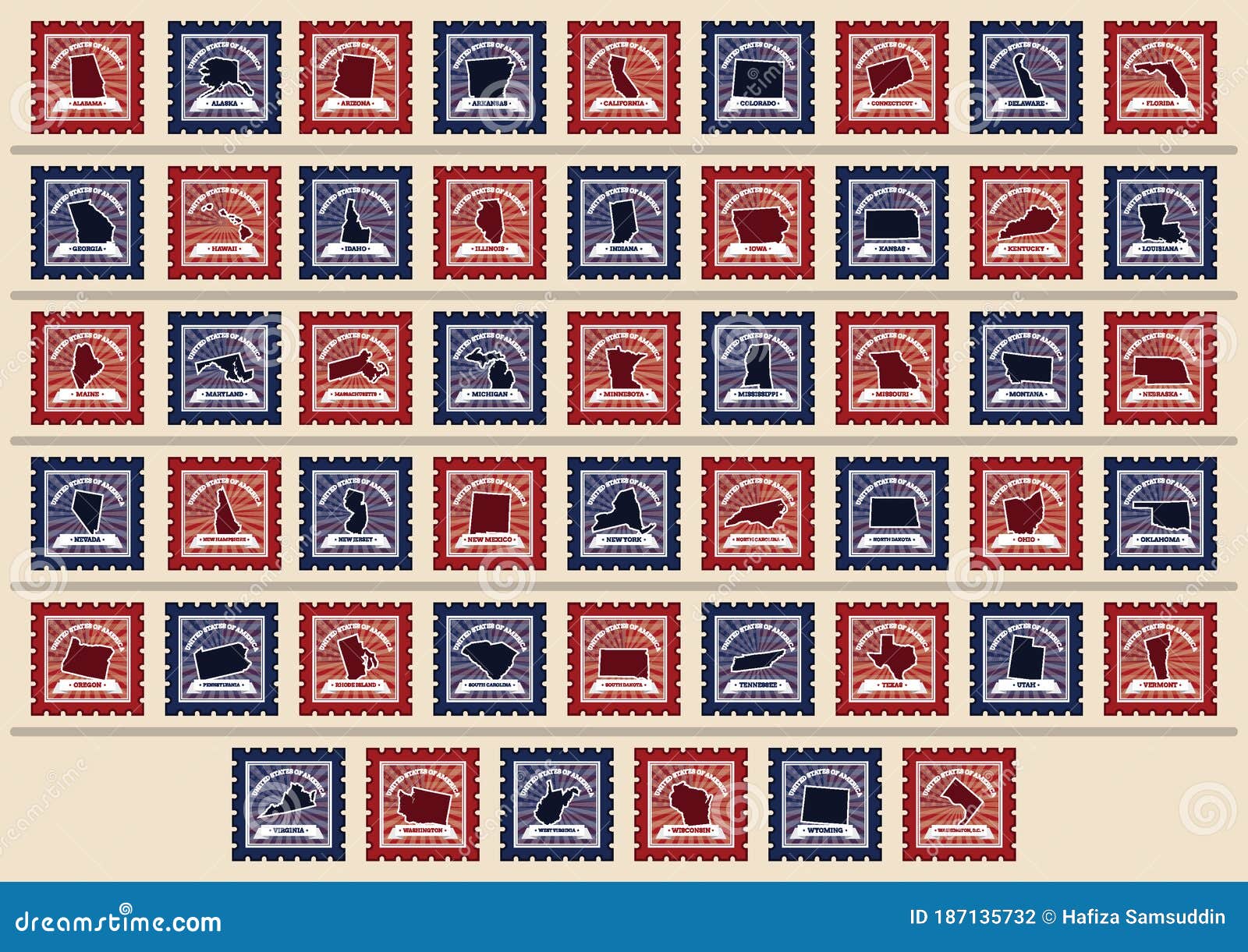 Set of USA State Postage Stamps. Vector Illustration Decorative Design ...